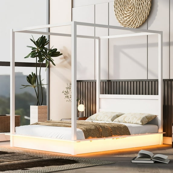 Bed Frames Queen Size Wood LED Canopy Bed ,Canopy Platform bed With ...