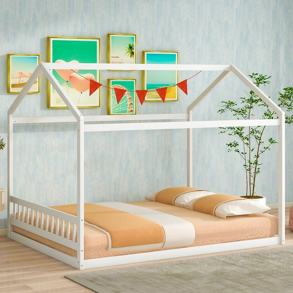 Bed Frames Queen Size Wooden House Bed with Headboard,White,Adjustable ...