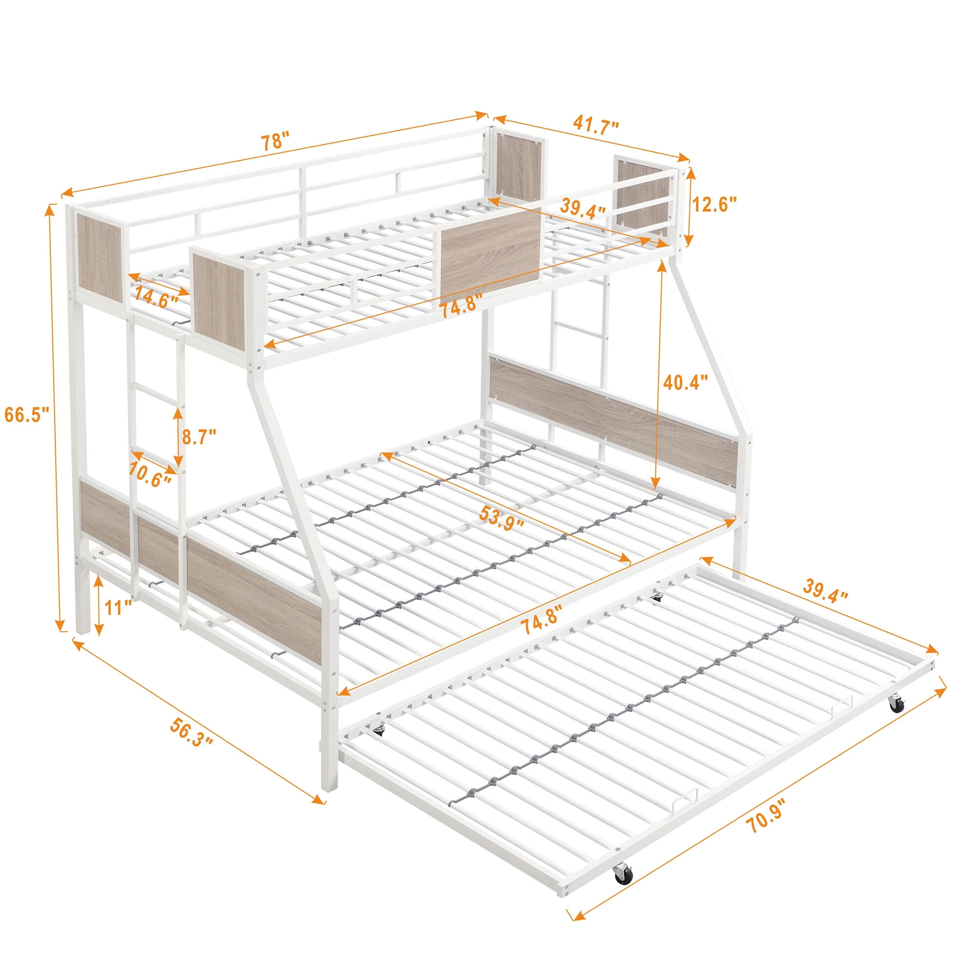 Bed Frames Twin Over FULL Metal Bunk Bed with Trundle 2 - Side Ladder ...