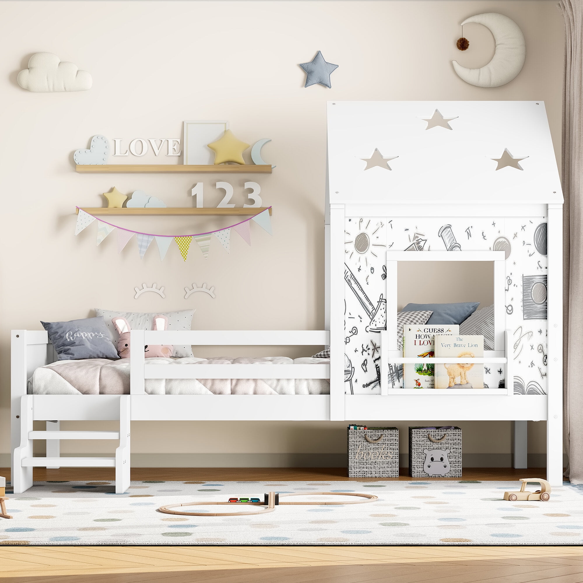 Bed Frames Twin House Beds with Low-Profile Stairs and a Window, Solid ...