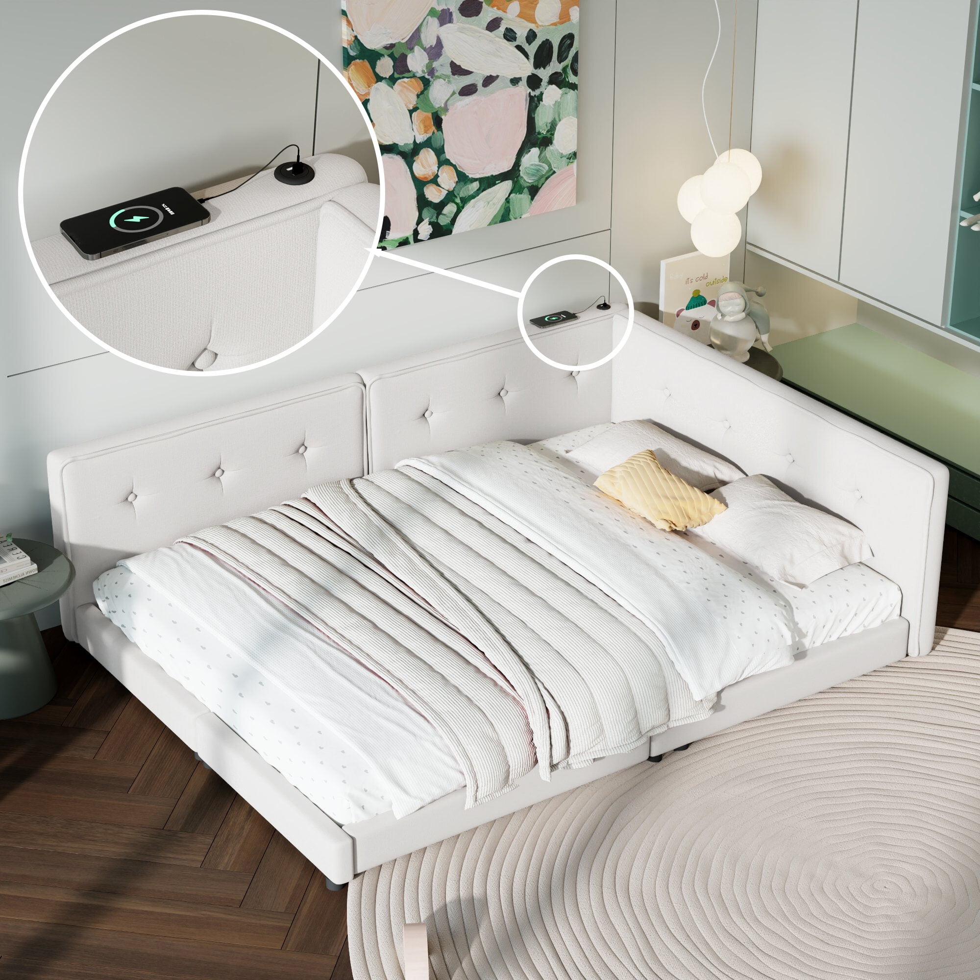 Bed Frames Upholstered Full Size platform bed with USB Ports, Beige ...