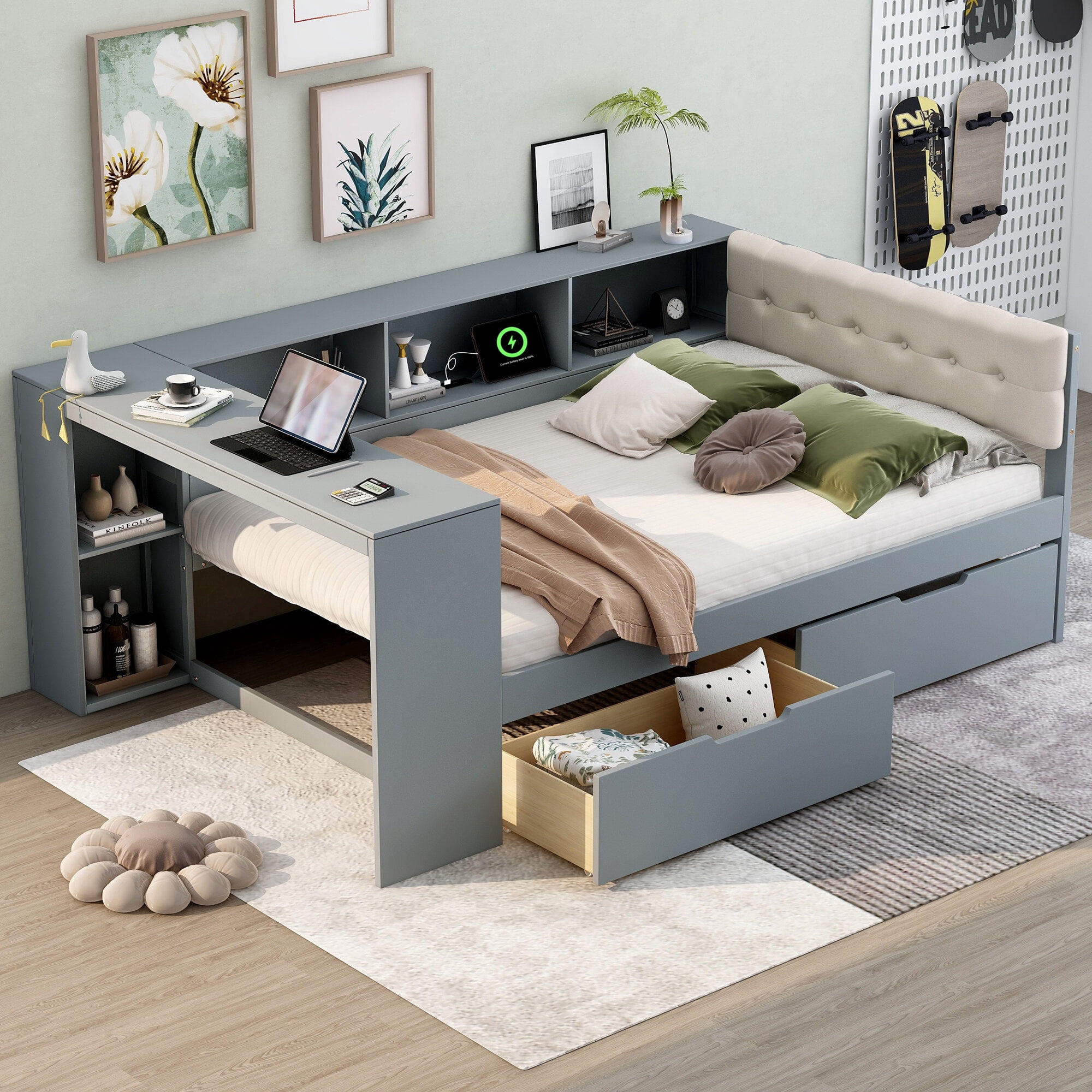 Bed Frames Wood Full Size Platform Bed with Storage Shelves, Drawers ...