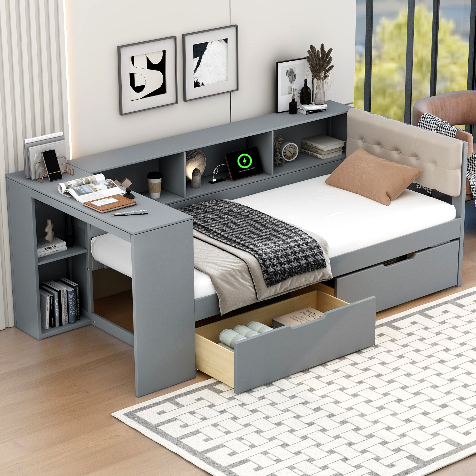 Bed Frames Wood Twin Size Platform Bed with Storage Shelves, Drawers ...