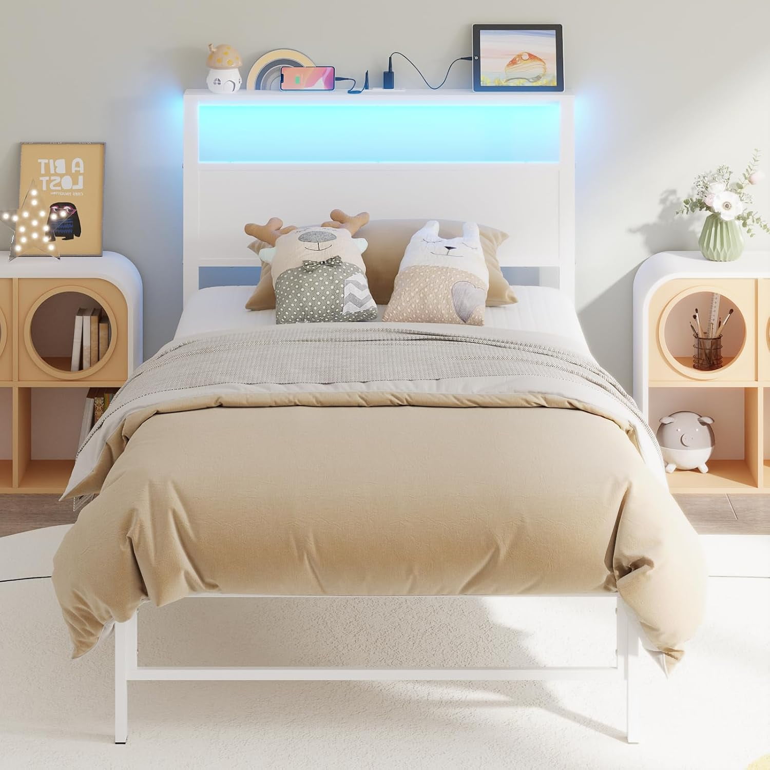 Bed Frames with Headboard Shelf Storage, Bed Frame with Station and ...