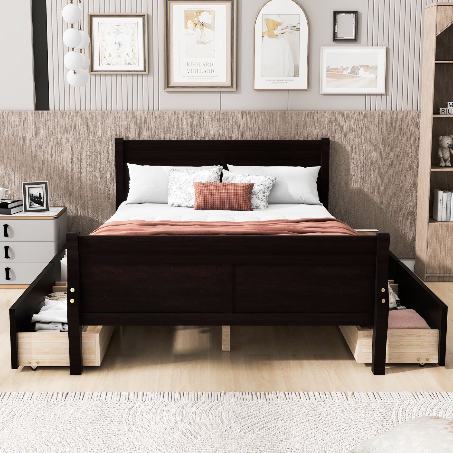 Bed, Full Size Bed Frame with 4 Drawers Streamlined Headboard and ...