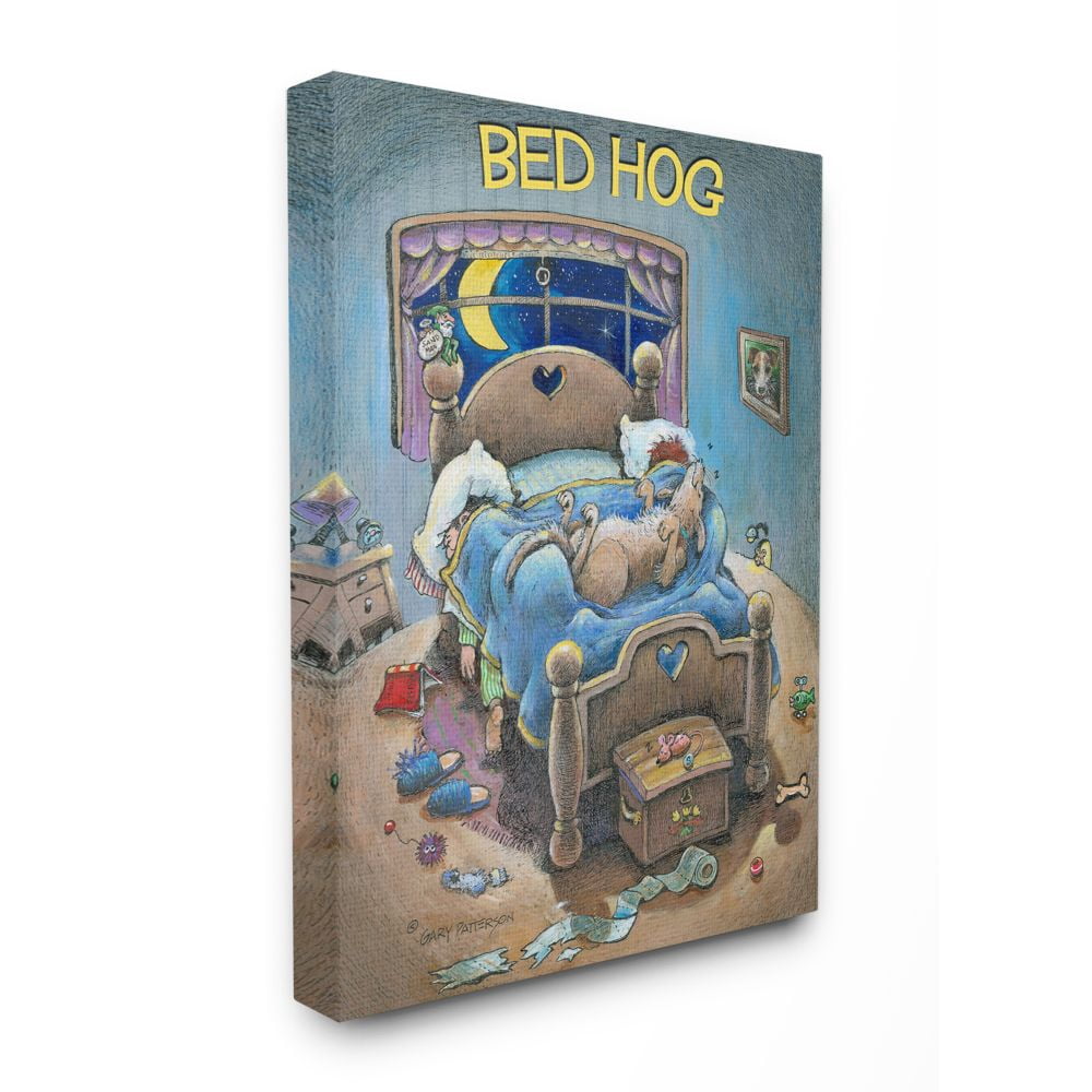 Bed Hog Funny Pet Dog Cartoon Design Stretched Canvas Wall Art by Gary ...