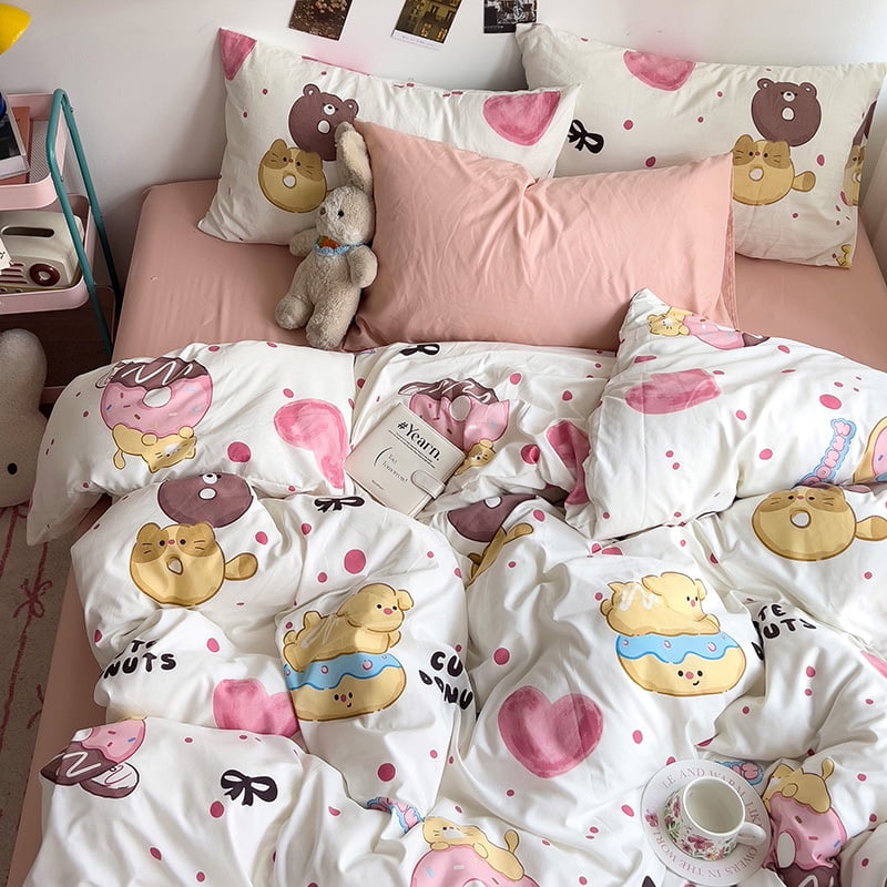 Bed Linen Bedding Set Cute Girls Washed Cotton Four-Piece Bed Sheets ...