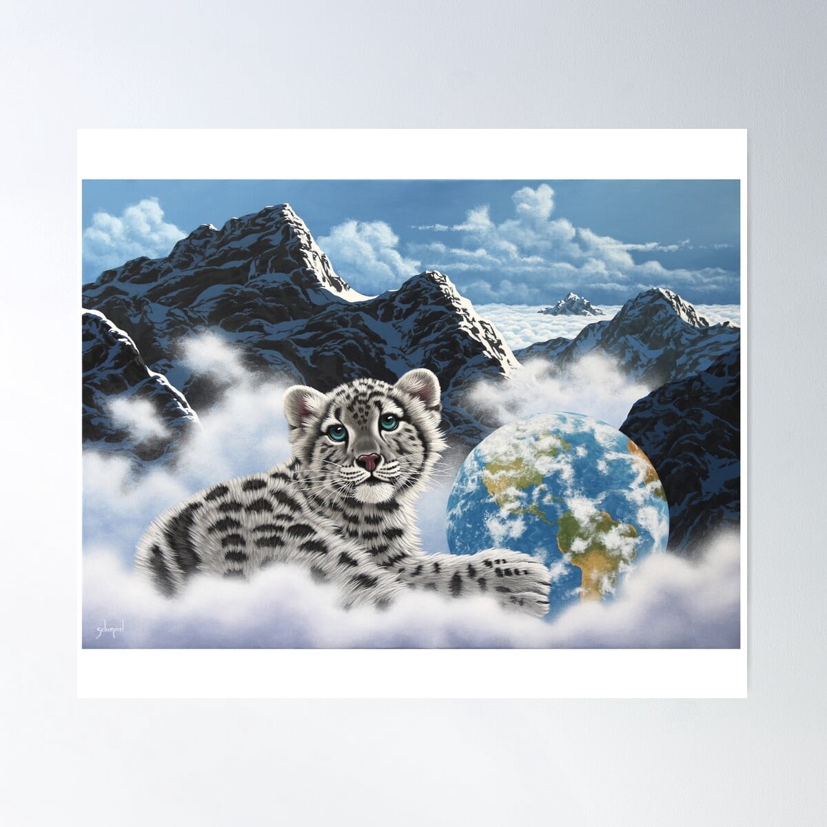 Bed Of Clouds, Snow Leopard And Earth Poster Wall Art, Modern Wall ...