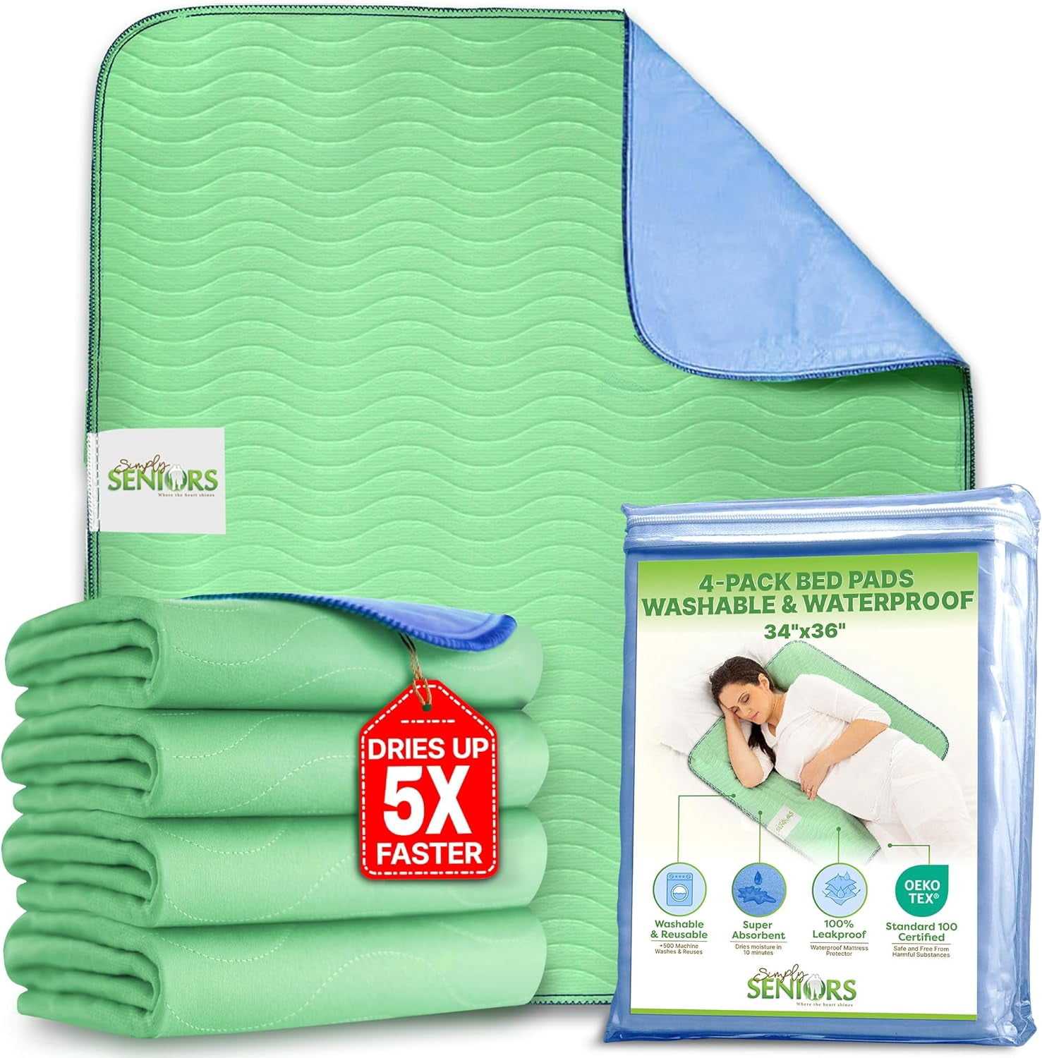 Bed Pads Washable Waterproof 34"x36"- Pack of 4 Incontinence Bed Pads ...