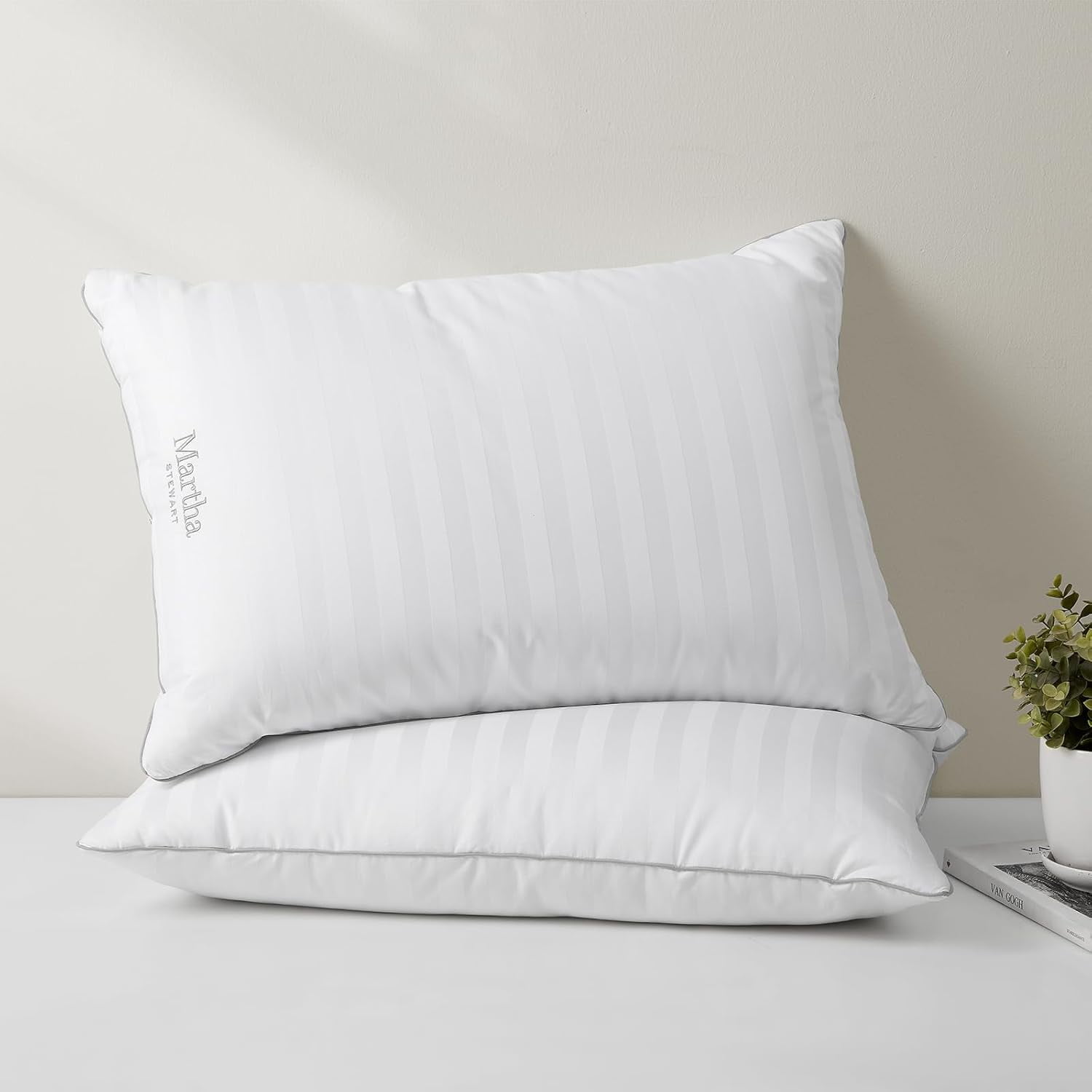 Bed Pillows Cotton 500 Thread Count Damask Stripe Embroidered King Size ...