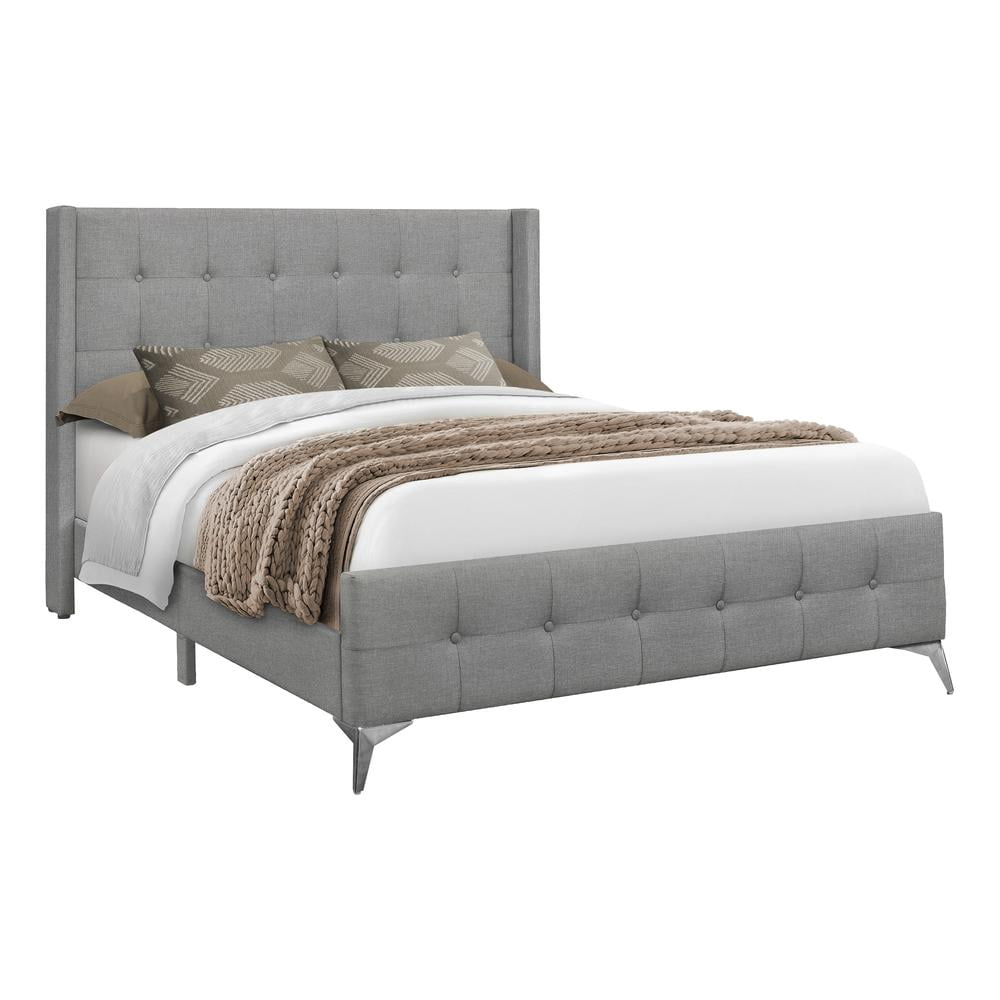 Monarch Bed, Queen Size, Bedroom, Upholstered, Grey Linen Look, Chrome ...