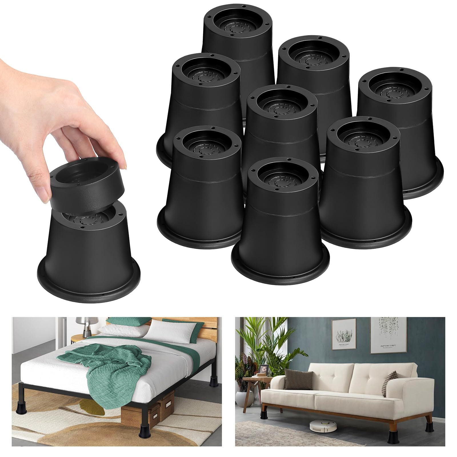 Bed Risers 2 Inch 3 Inch Heavy Duty Round Furniture Risers Lifts 3" For ...
