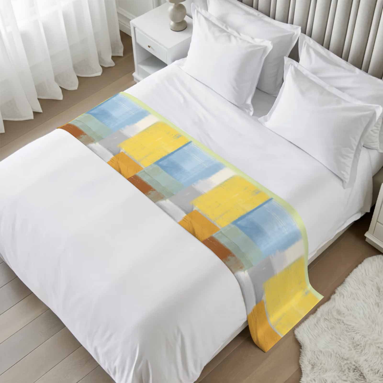 Bed Runner Abstract Blue Yellow White Bedding Scarves Soft Decorative ...