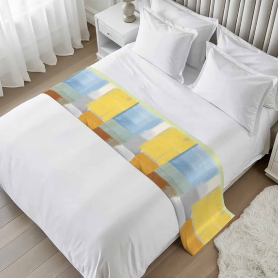 Bed Runner Abstract Blue Yellow White Bedding Scarves Soft Decorative ...