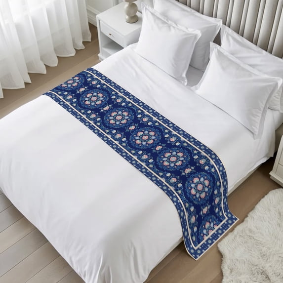 Bed Runner Blue Boho Floral Blooms Bedding Scarves Soft Decorative Bed ...