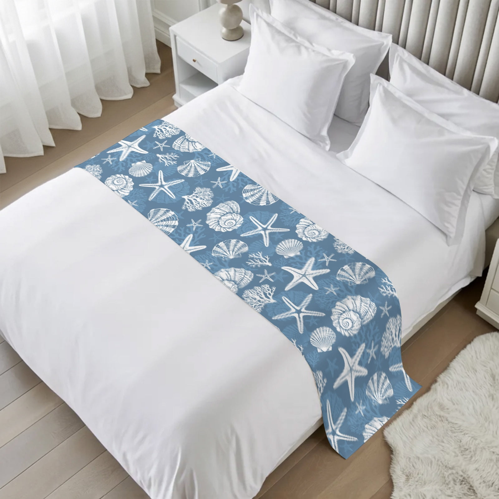 Bed Runner Blue Coastal Marine Life Bedding Scarves Soft Decorative Bed ...