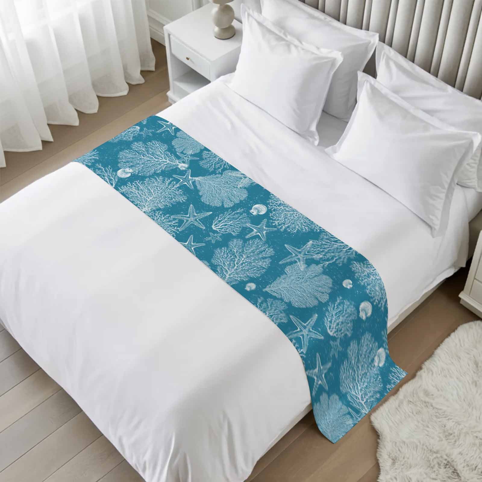 Bed Runner Blue Coral Bedding Scarves Soft Decorative Bed Flag Ocean ...