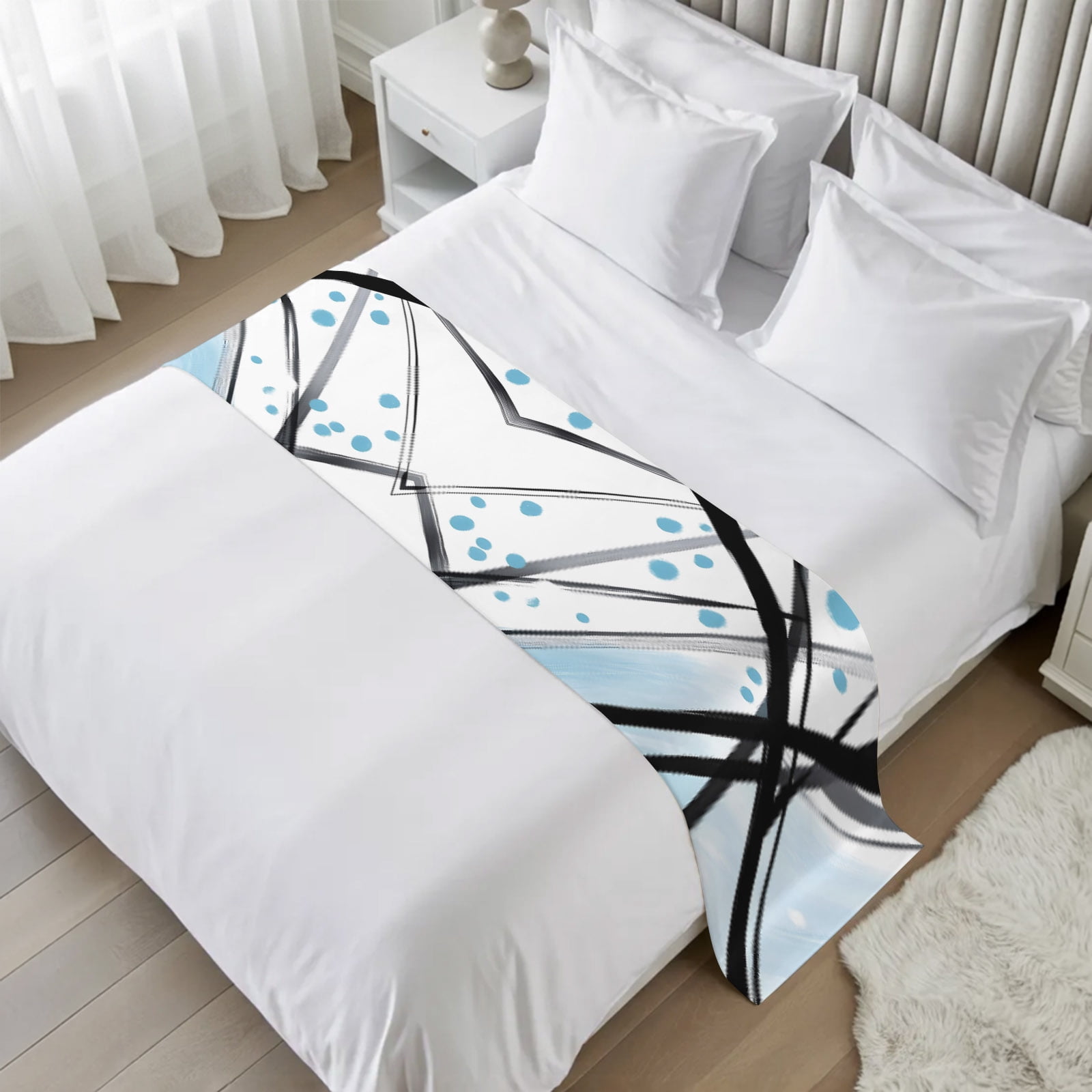 Bed Runner Blue Graffiti Lines Bedding Scarves Soft Decorative Bed Flag ...