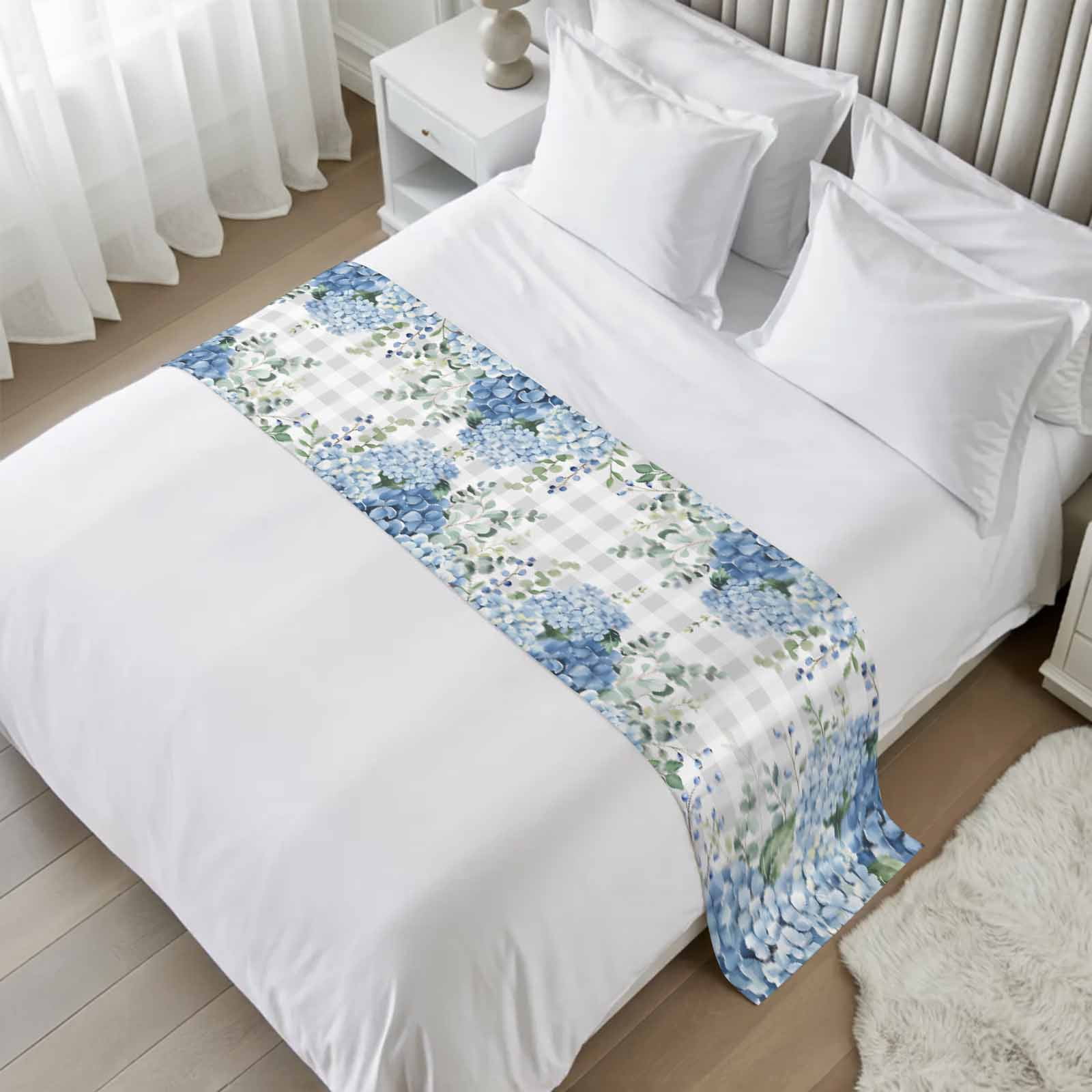 Bed Runner Blue Hydrangea Bedding Scarves Soft Decorative Bed Flag ...