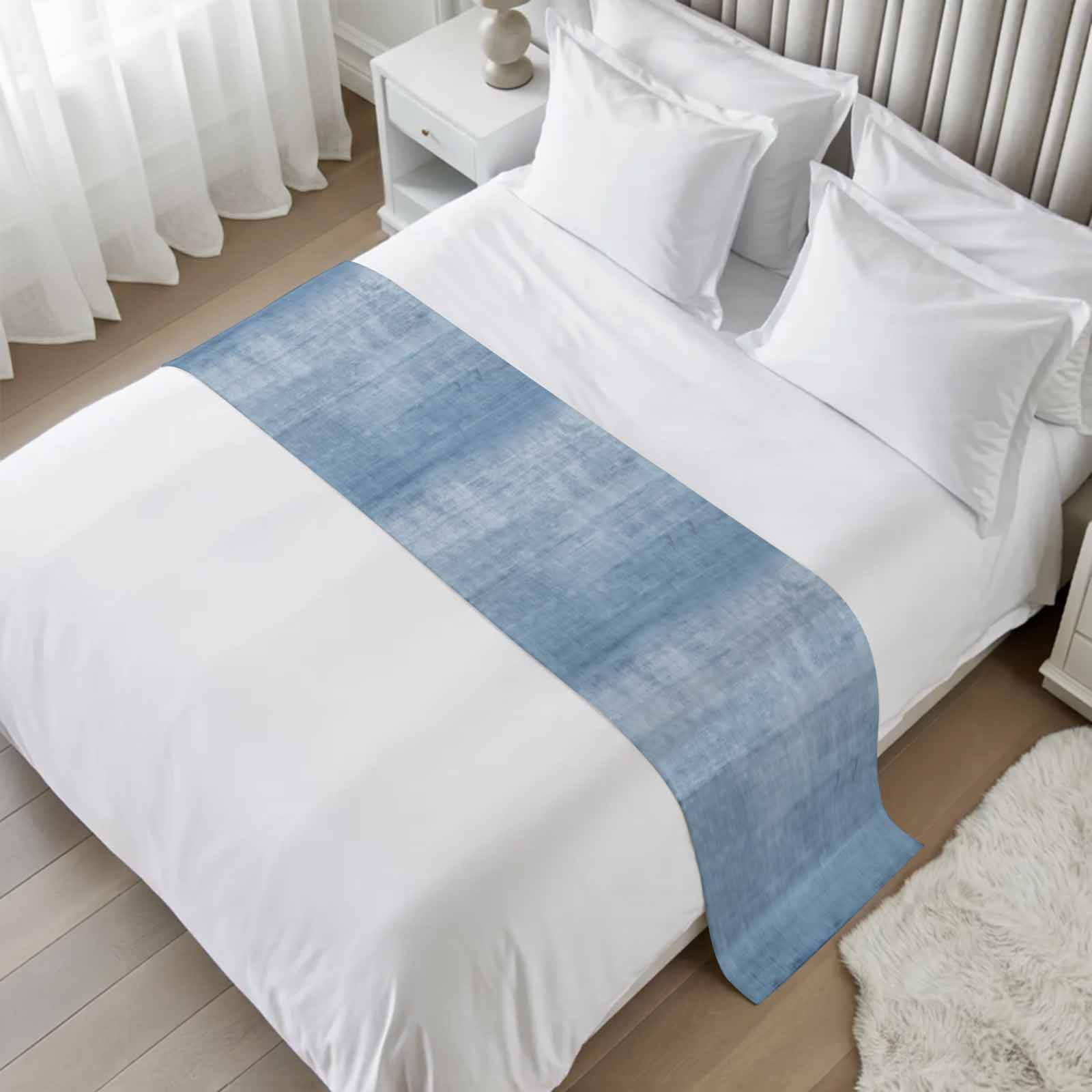 Bed Runner Blue Linen Bedding Scarves Soft Decorative Bed Flag Solid ...