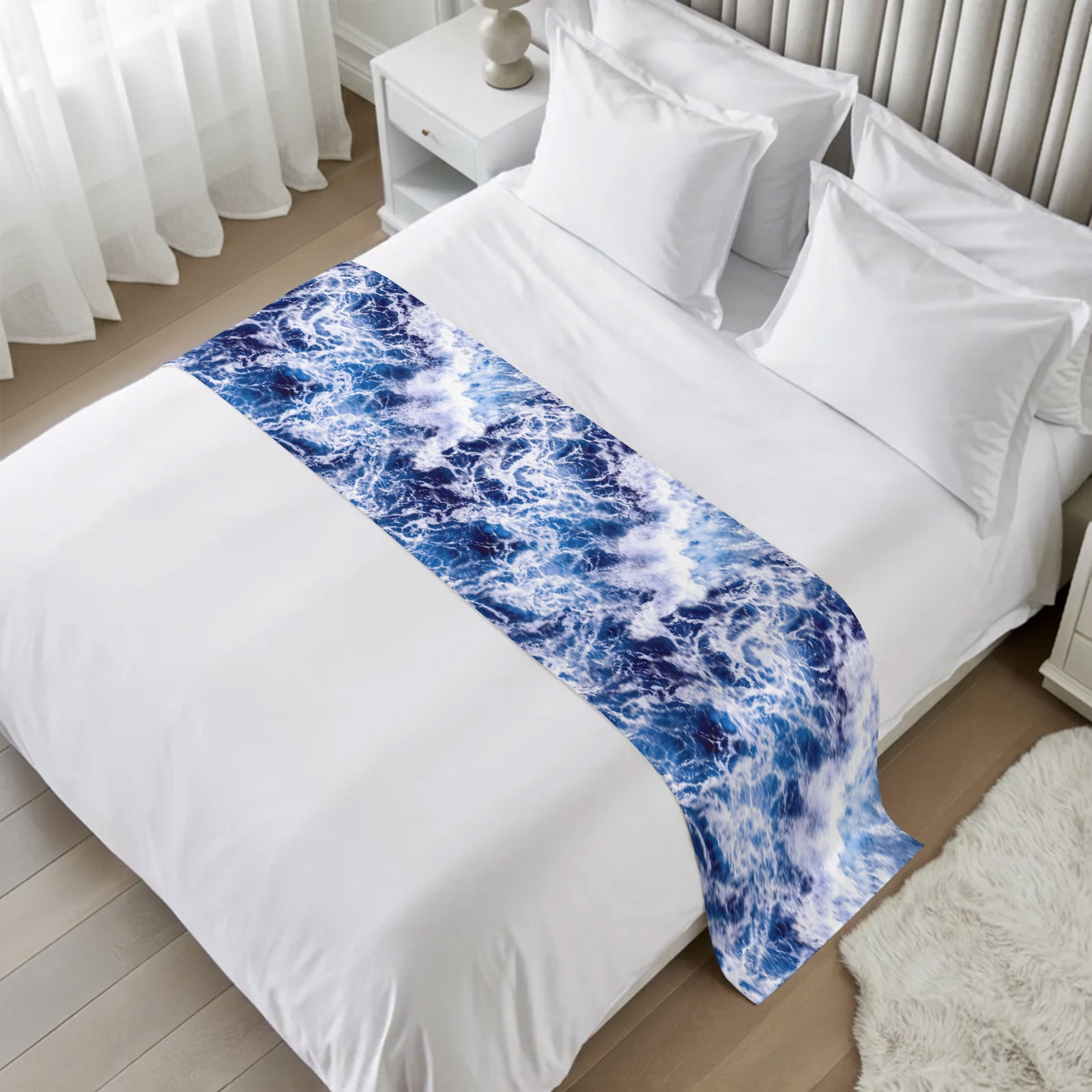 Bed Runner Blue Ocean Waves Bedding Scarves Soft Decorative Bed Flag ...