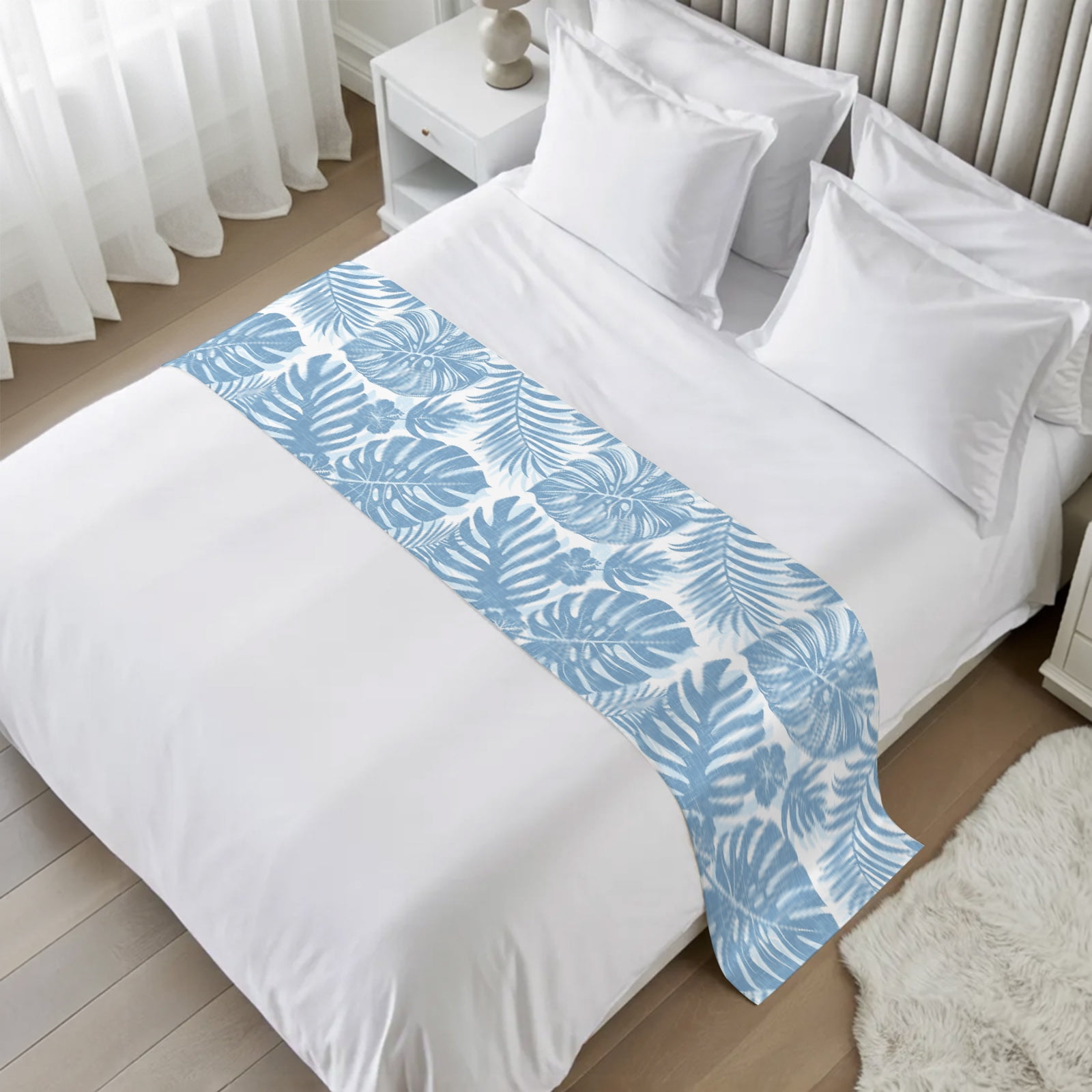 Bed Runner Blue Palm Leaves Bedding Scarves Soft Decorative Bed Flag ...