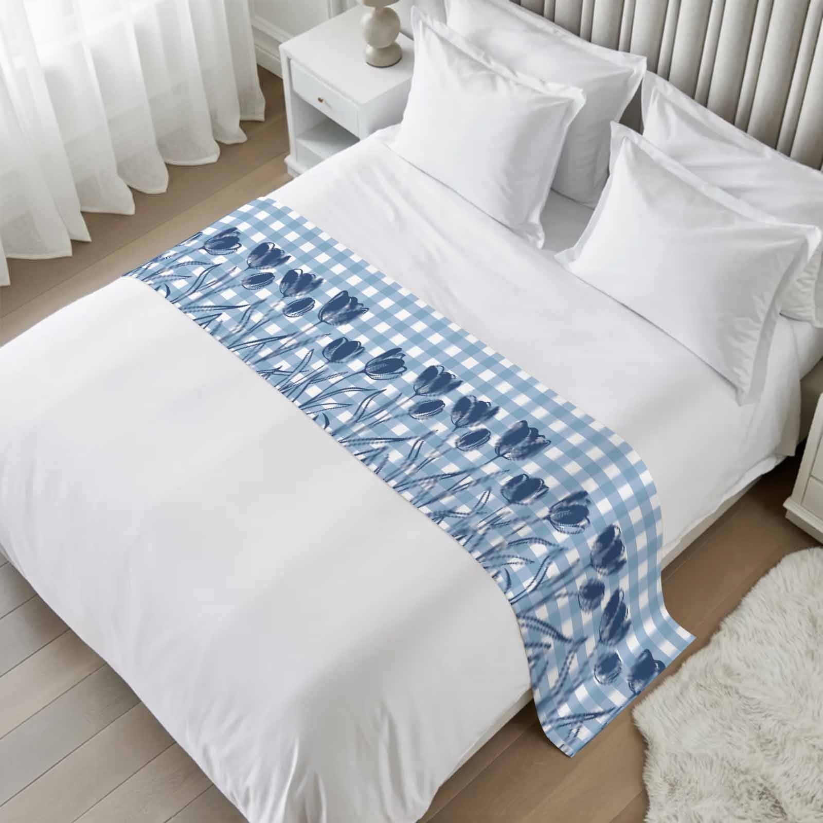 Bed Runner Blue Tulip Flowers Bedding Scarves Soft Decorative Bed Flag ...