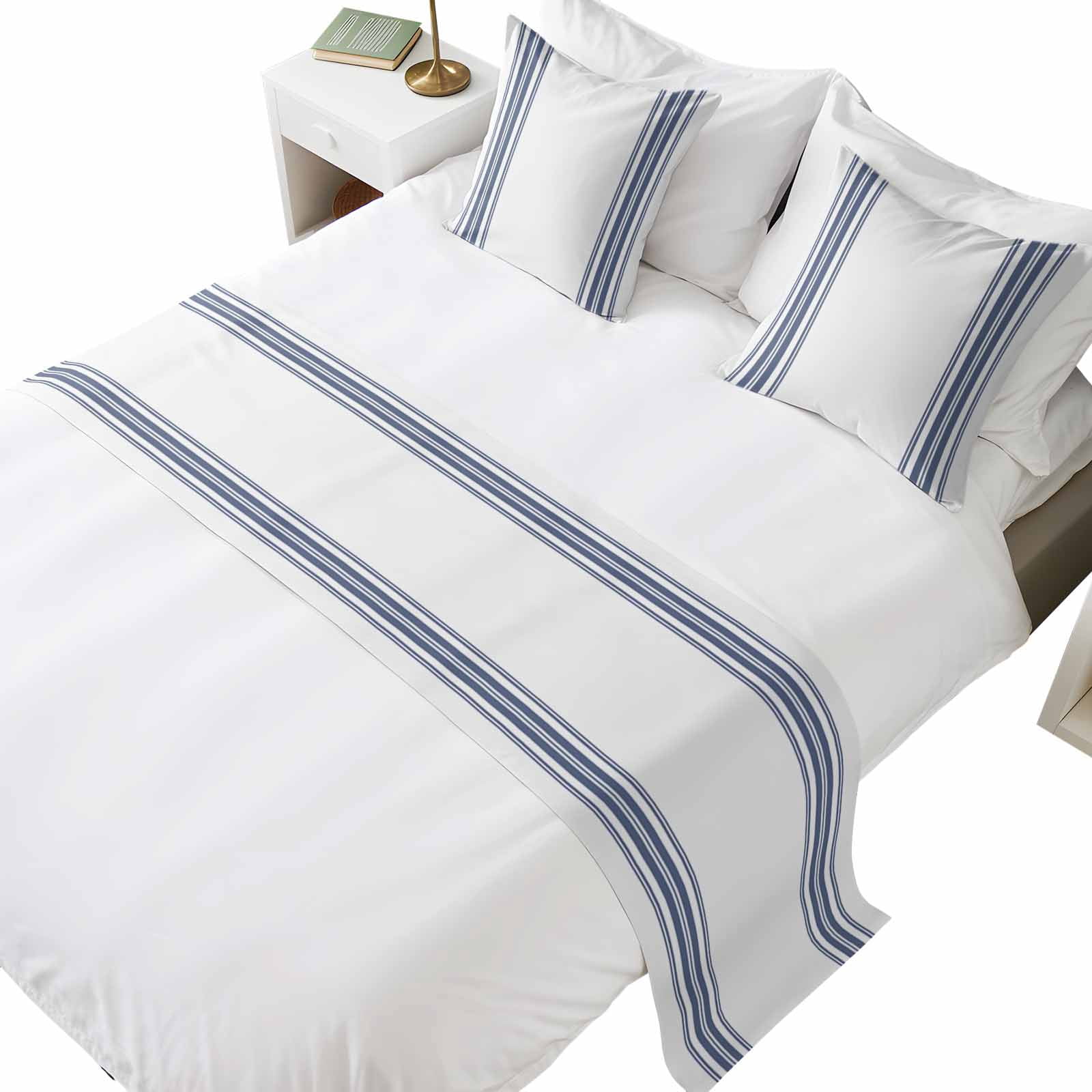Bed Runner for Cal King Size Bed, Abstract Geometric Blue Stripe, 3 Pcs ...