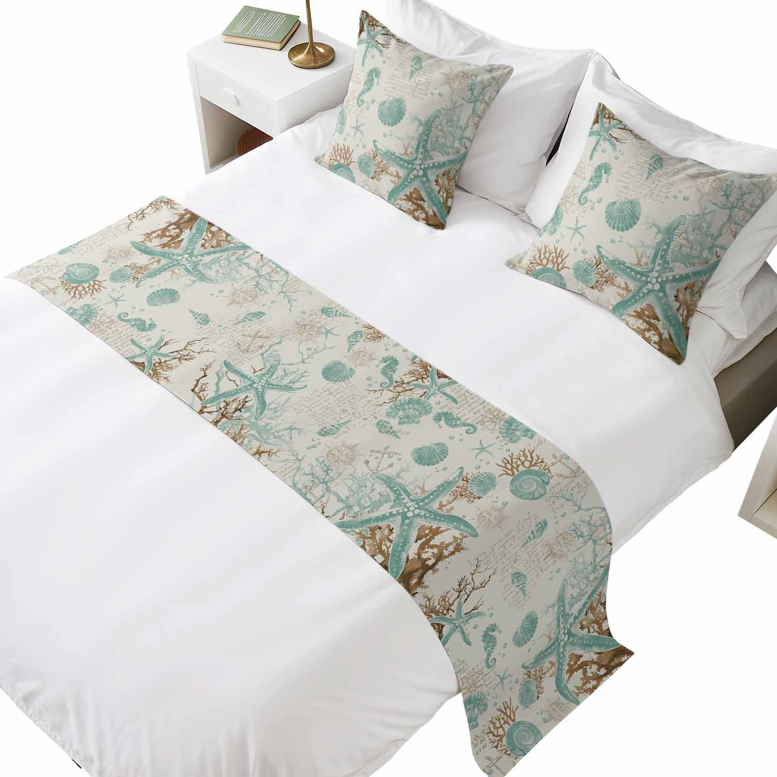 Bed Runner for Cal King Size Bed, Aqua Coastal Starfish 3 Pcs Bedding ...