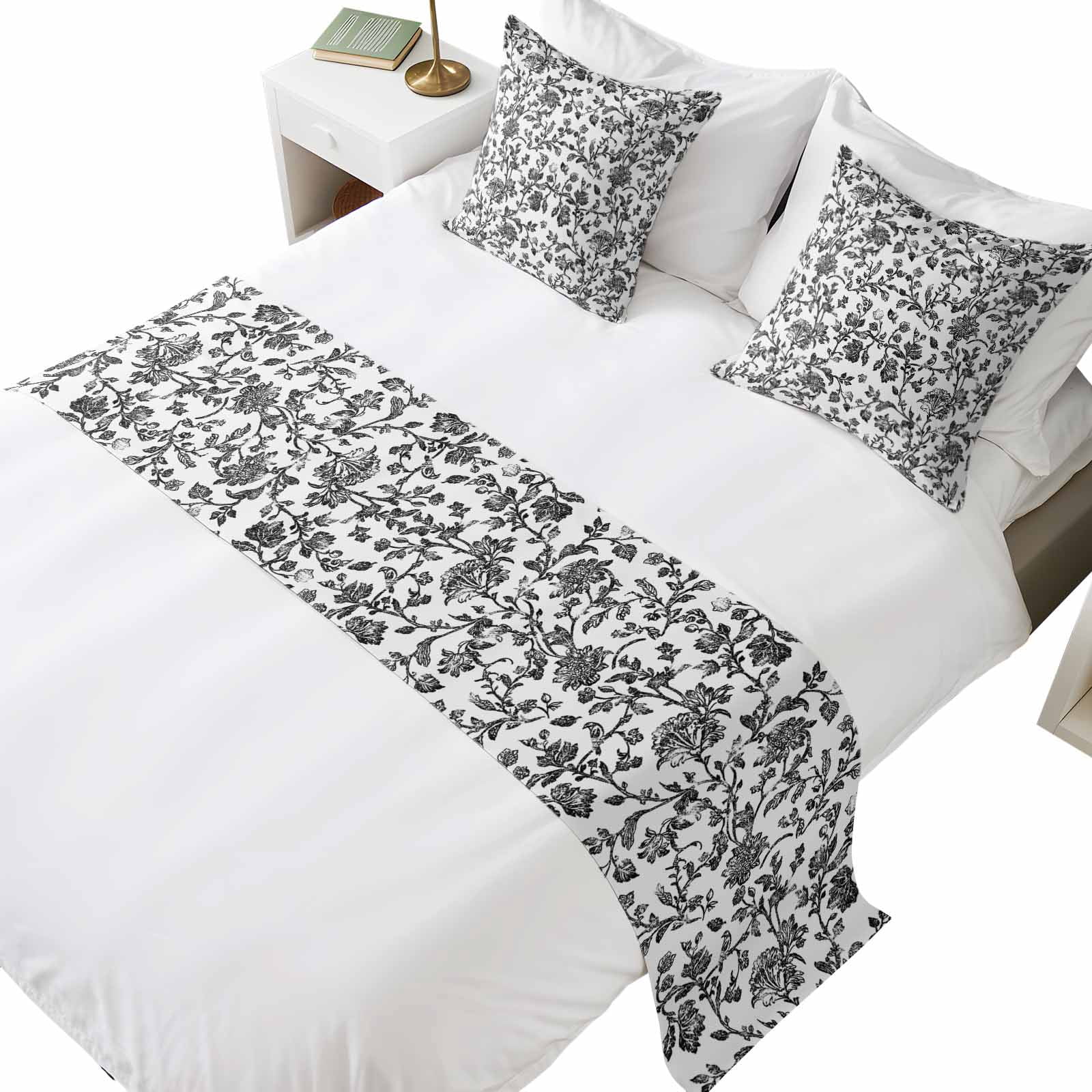 Bed Runner for Cal King Size Bed, Black Flower 3 Pcs Bedding Runner Set ...