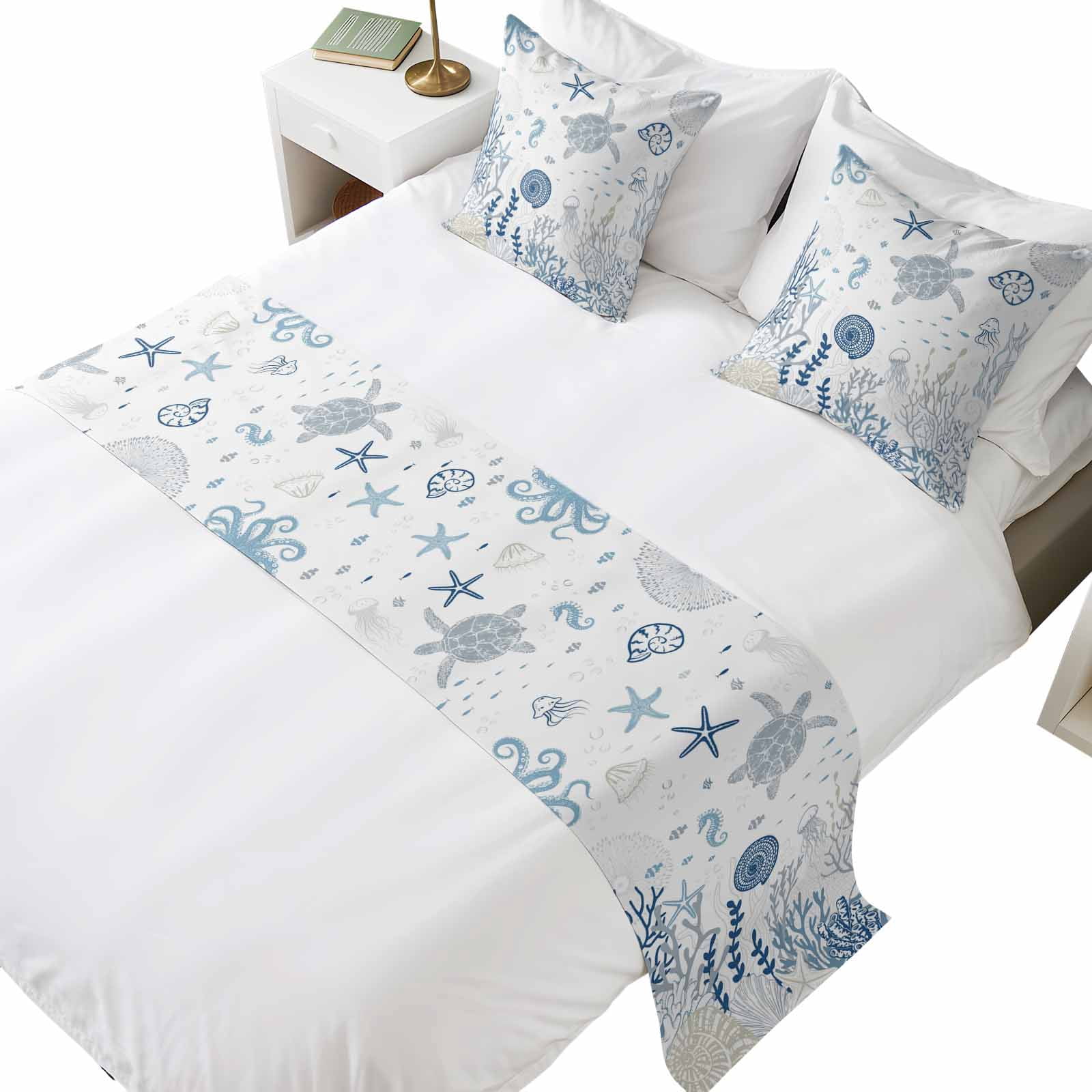 Bed Runner for Cal King Size Bed, Blue Coastal 3 Pcs Bedding Runner Set ...