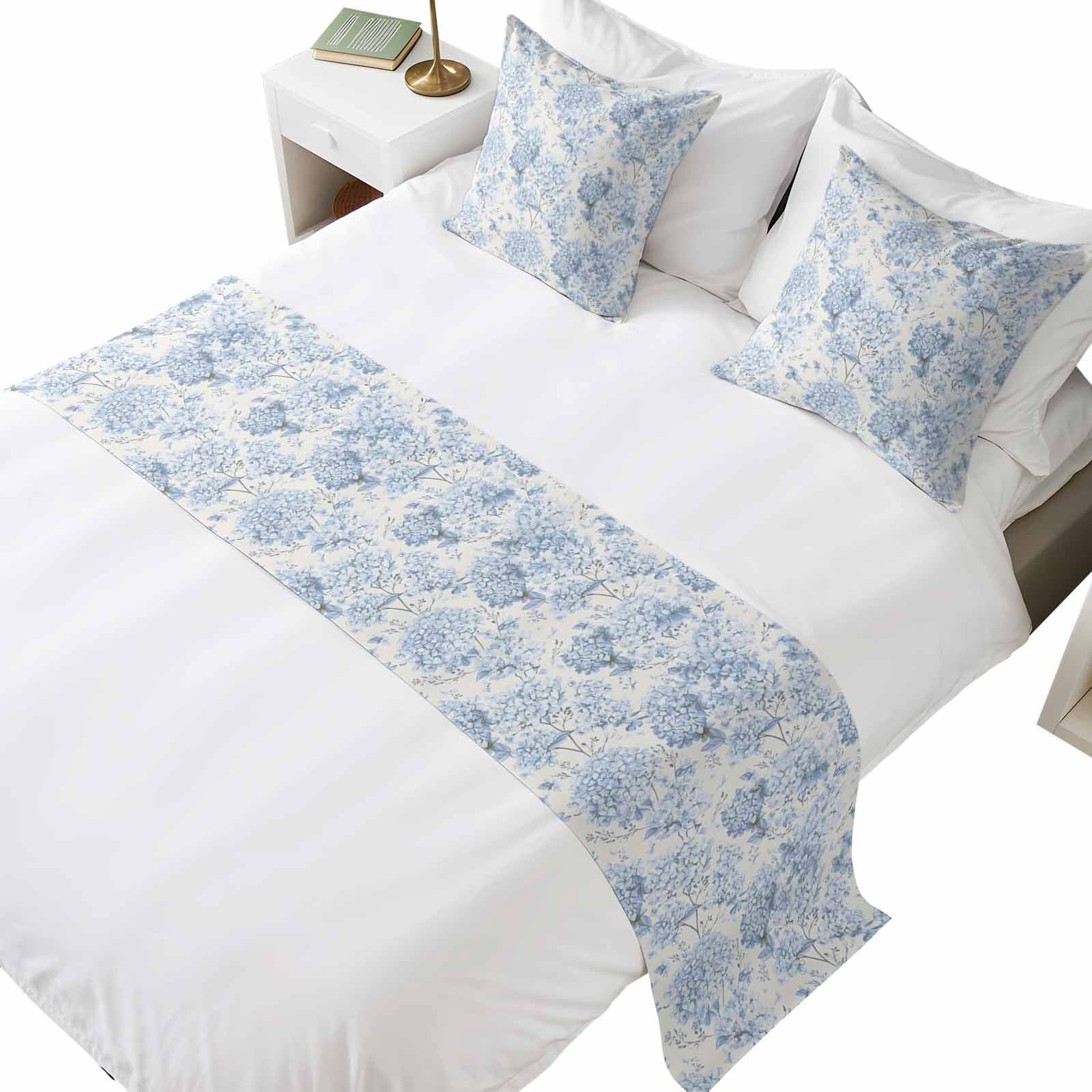Bed Runner for Cal King Size Bed, Blue Floral 3 Pcs Bedding Runner Set ...