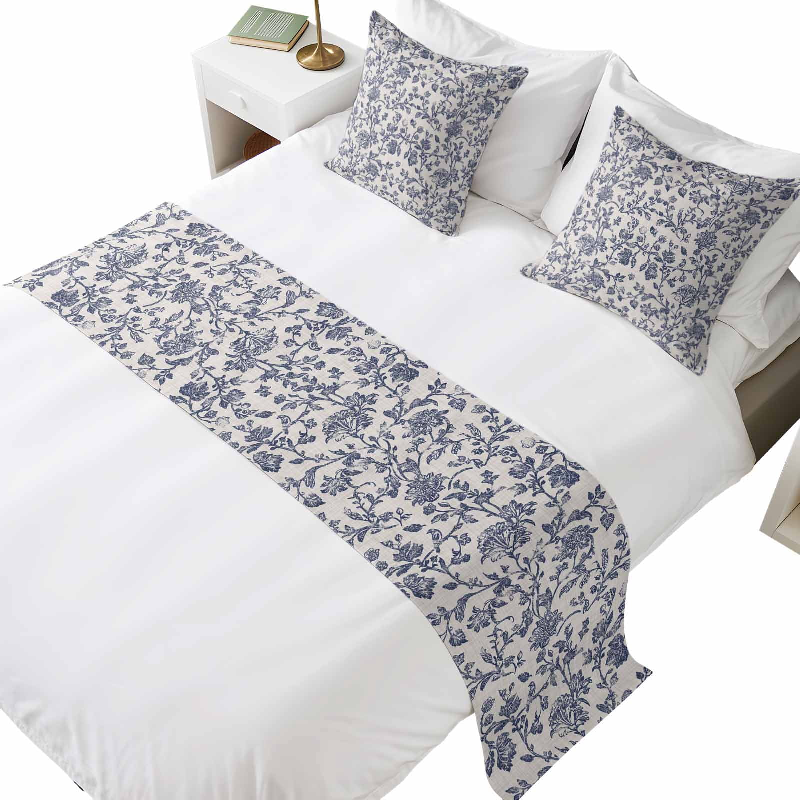 Bed Runner for Cal King Size Bed, Blue Floral Leaf 3 Pcs Bedding Runner ...