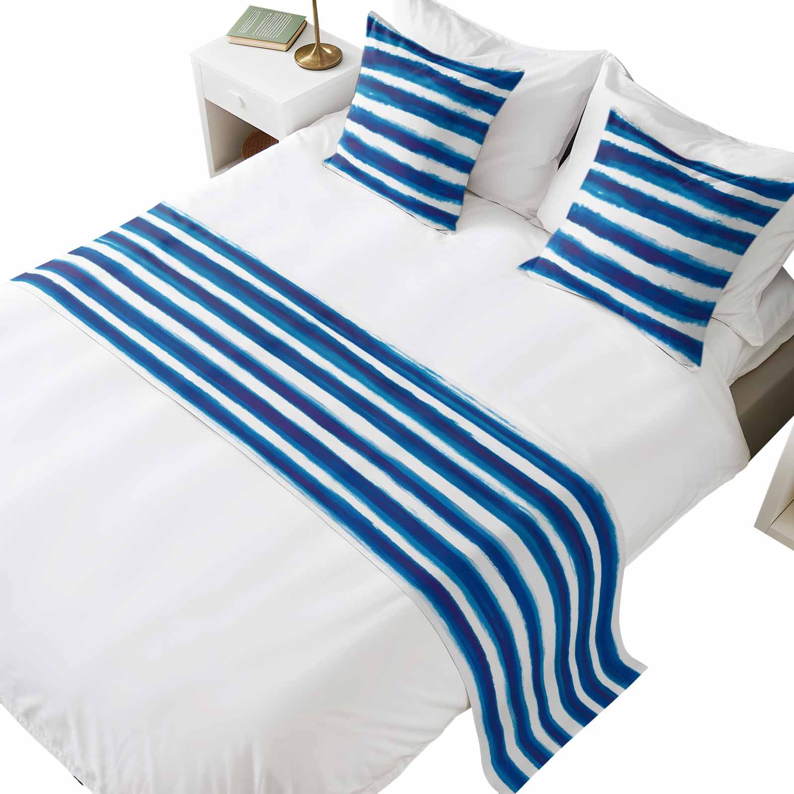 Bed Runner for Cal King Size Bed, Blue Stripe 3 Pcs Bedding Runner Set ...