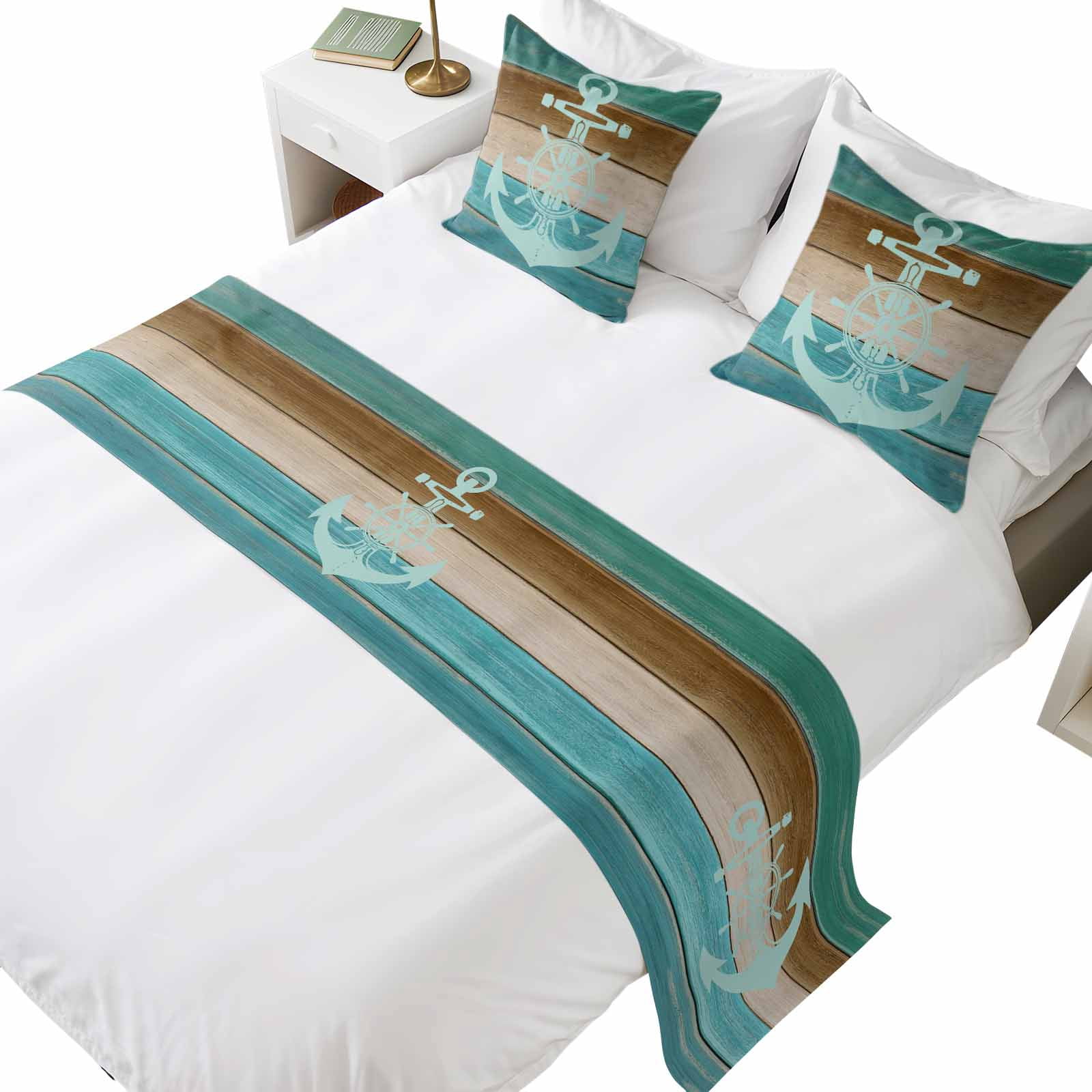 Bed Runner for Cal King Size Bed, Blue Teal Brown 3 Pcs Bedding Runner ...
