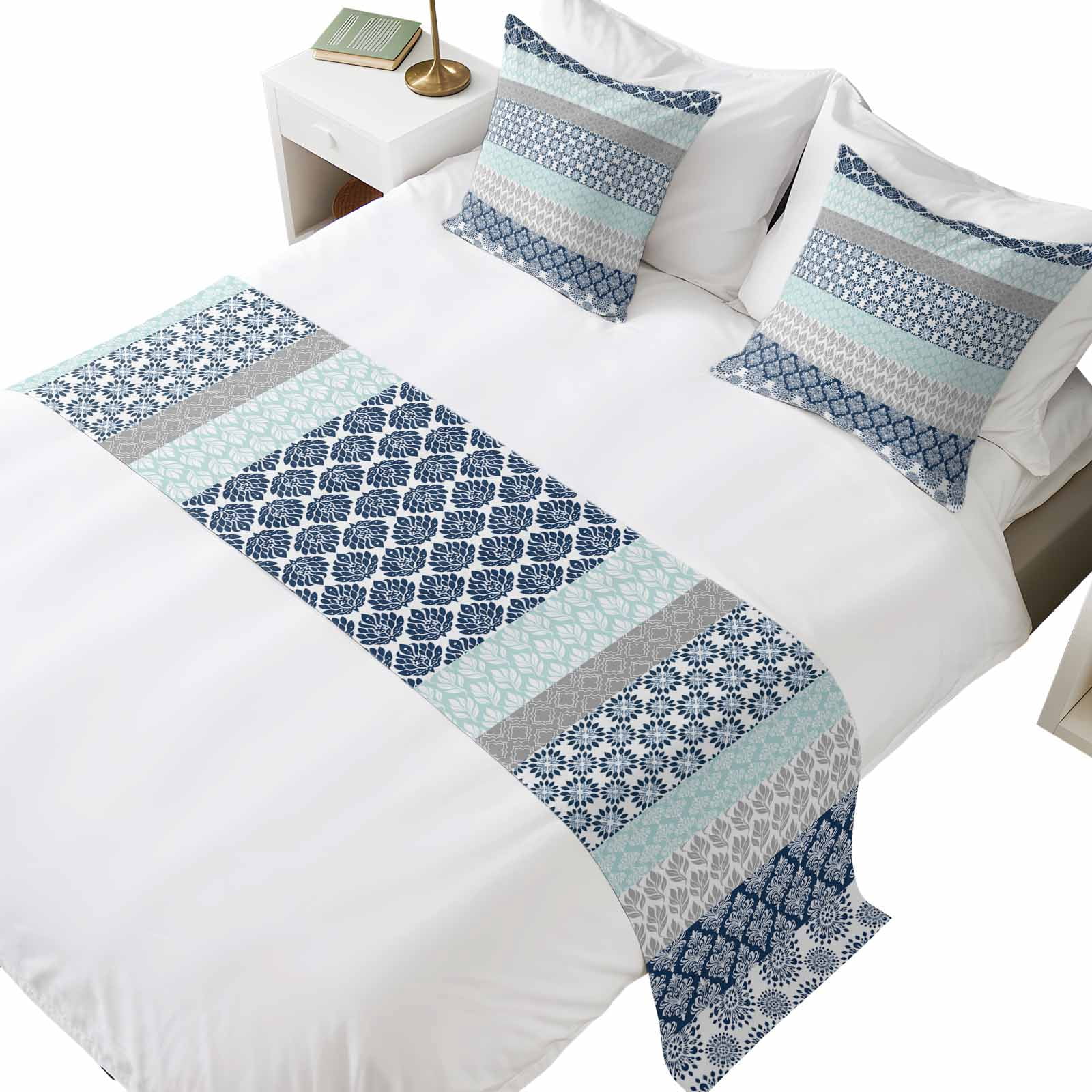 Bed Runner for Cal King Size Bed, Boho Blue Aqua 3 Pcs Bedding Runner ...