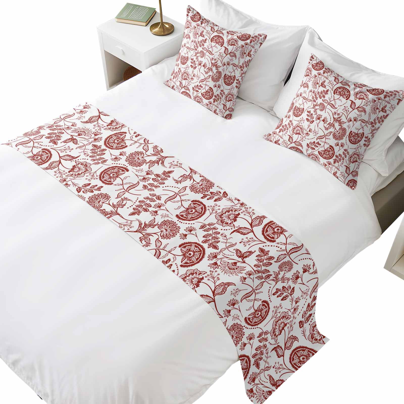 Bed Runner for Cal King Size Bed, Boho Red Floral 3 Pcs Bedding Runner ...
