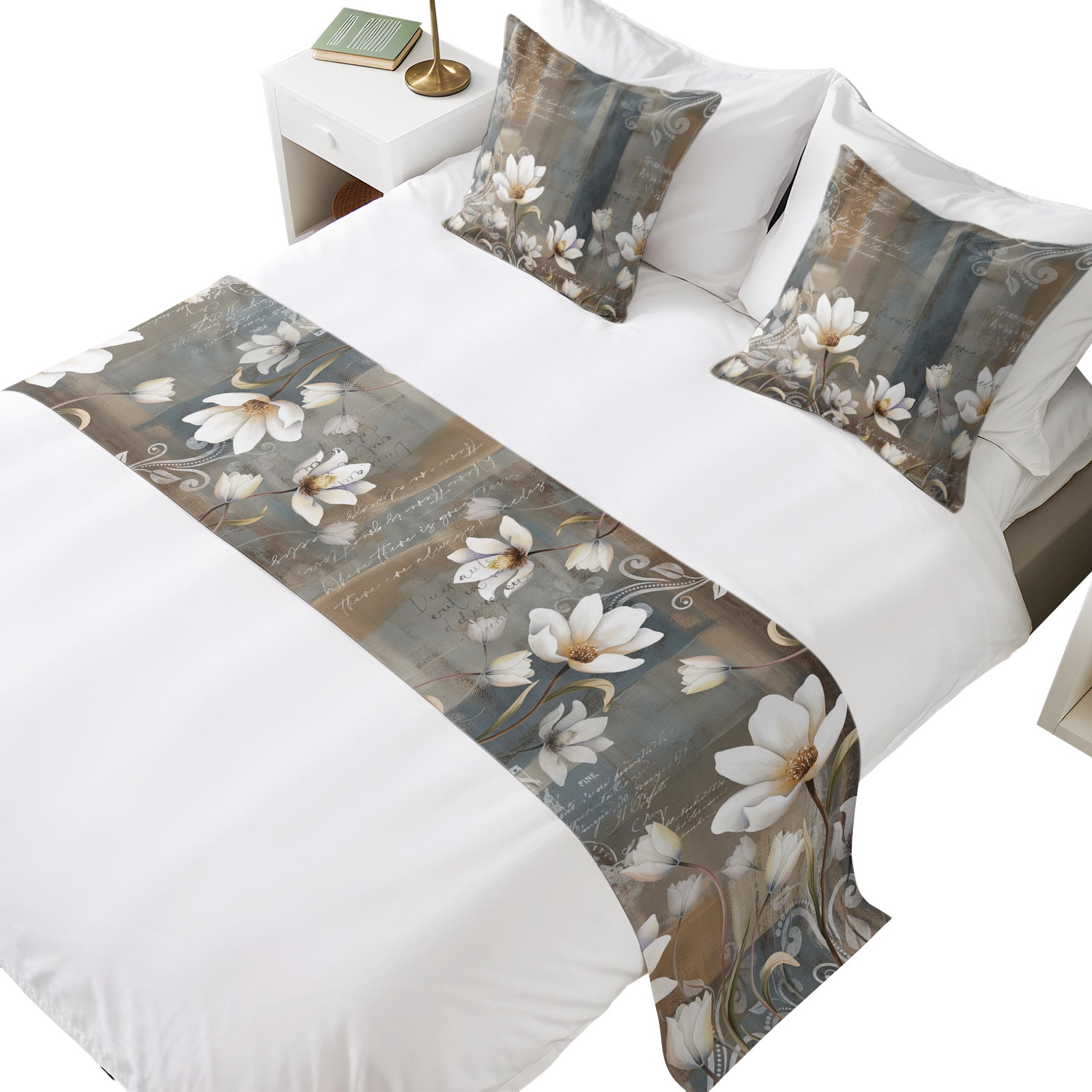 Bed Runner for Cal King Size Bed, Brown Grey Floral 3 Pcs Bedding ...