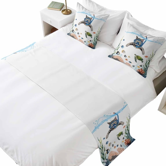 Bed Runner for Cal King Size Bed, Cat Summer Beach 3 Pcs Bedding Runner ...