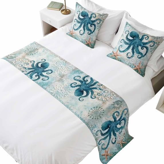 Bed Runner for Cal King Size Bed, Coastal Octopus 3 Pcs Bedding Runner ...