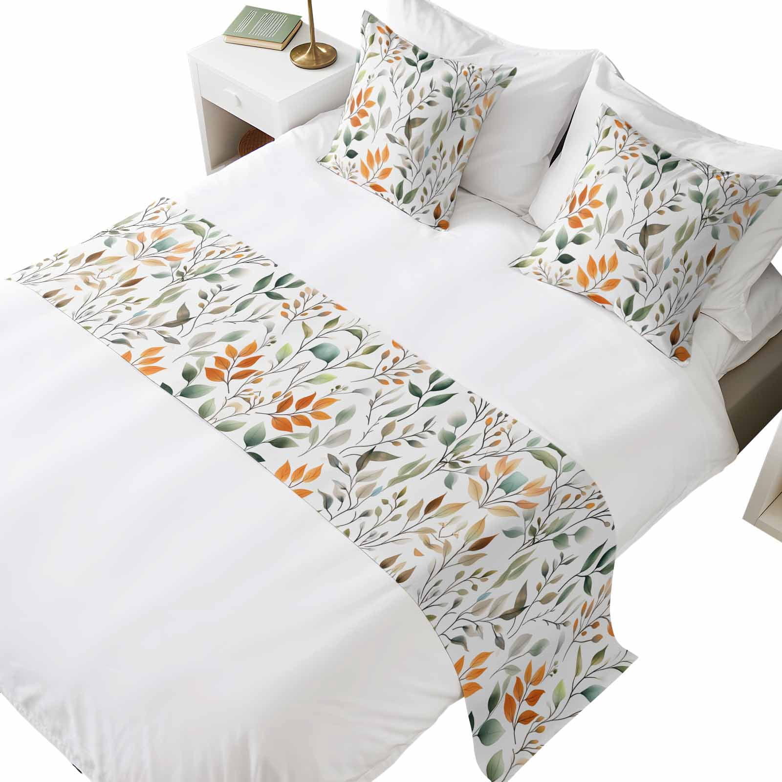 Bed Runner for Cal King Size Bed, Green Orange Eucalyptus 3 Pcs Bedding ...