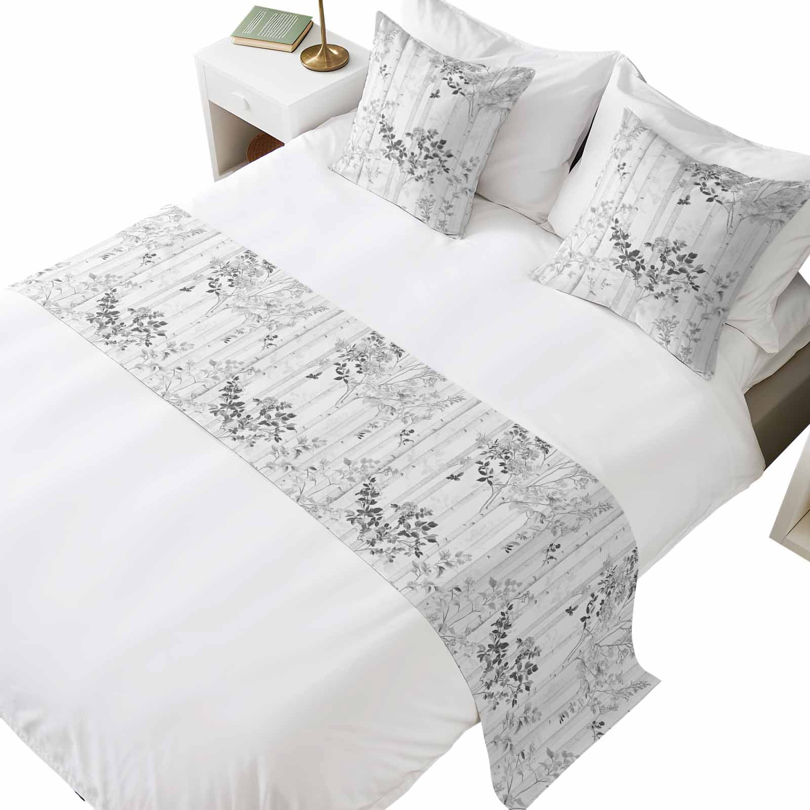 Bed Runner for Cal King Size Bed, Grey Branches Forest 3 Pcs Bedding ...