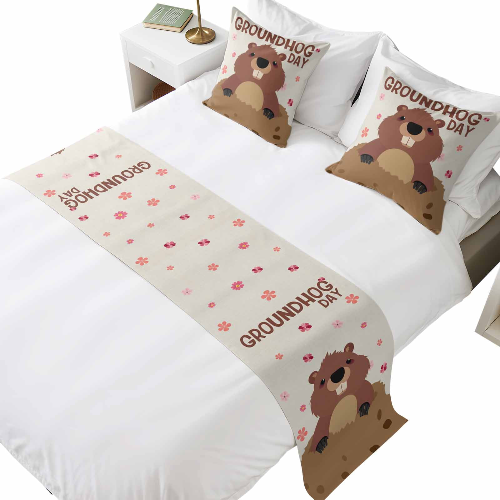 Bed Runner for Cal King Size Bed, Groundhog Day 3 Pcs Bedding Runner ...