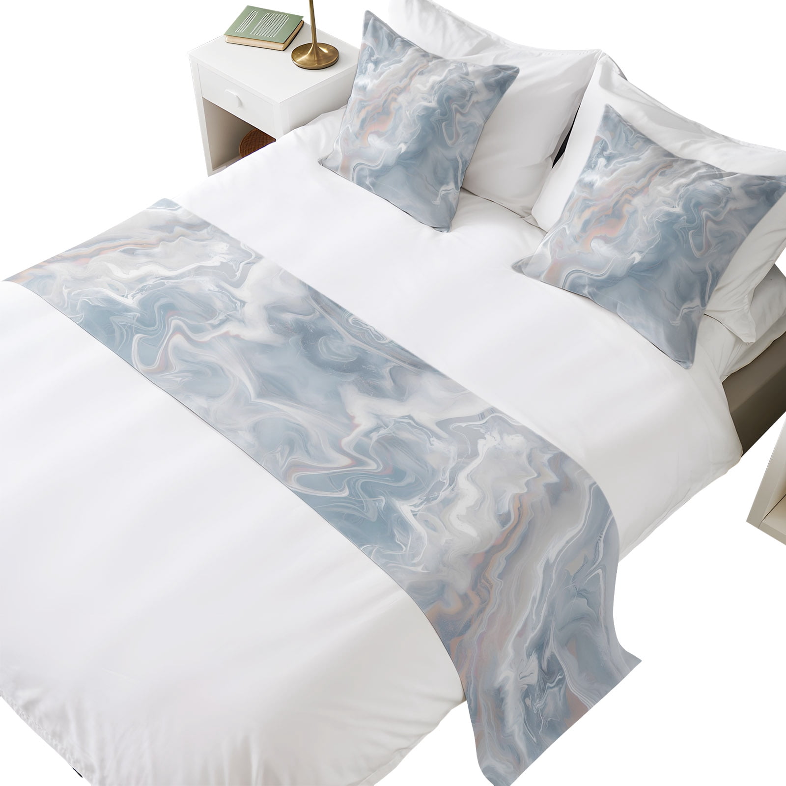Bed Runner for Cal King Size Bed, Light Blue Marble 3 Pcs Bedding ...