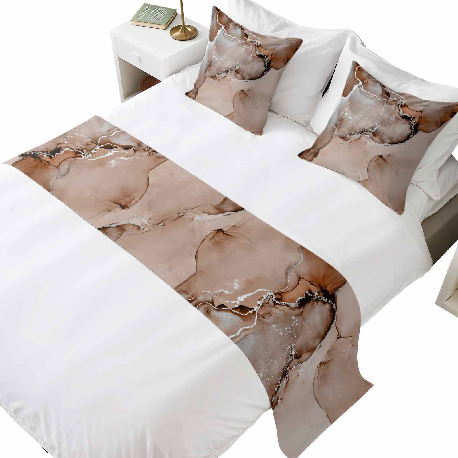 Bed Runner for Cal King Size Bed, Marble Brown 3 Pcs Bedding Runner Set ...