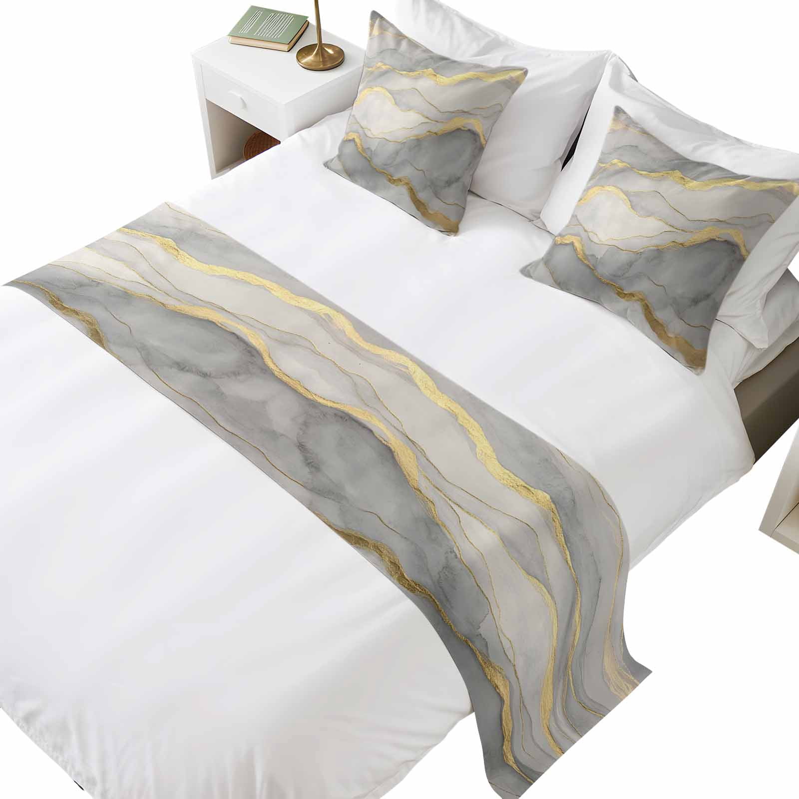 Bed Runner for Cal King Size Bed, Marble Grey 3 Pcs Bedding Runner Set ...