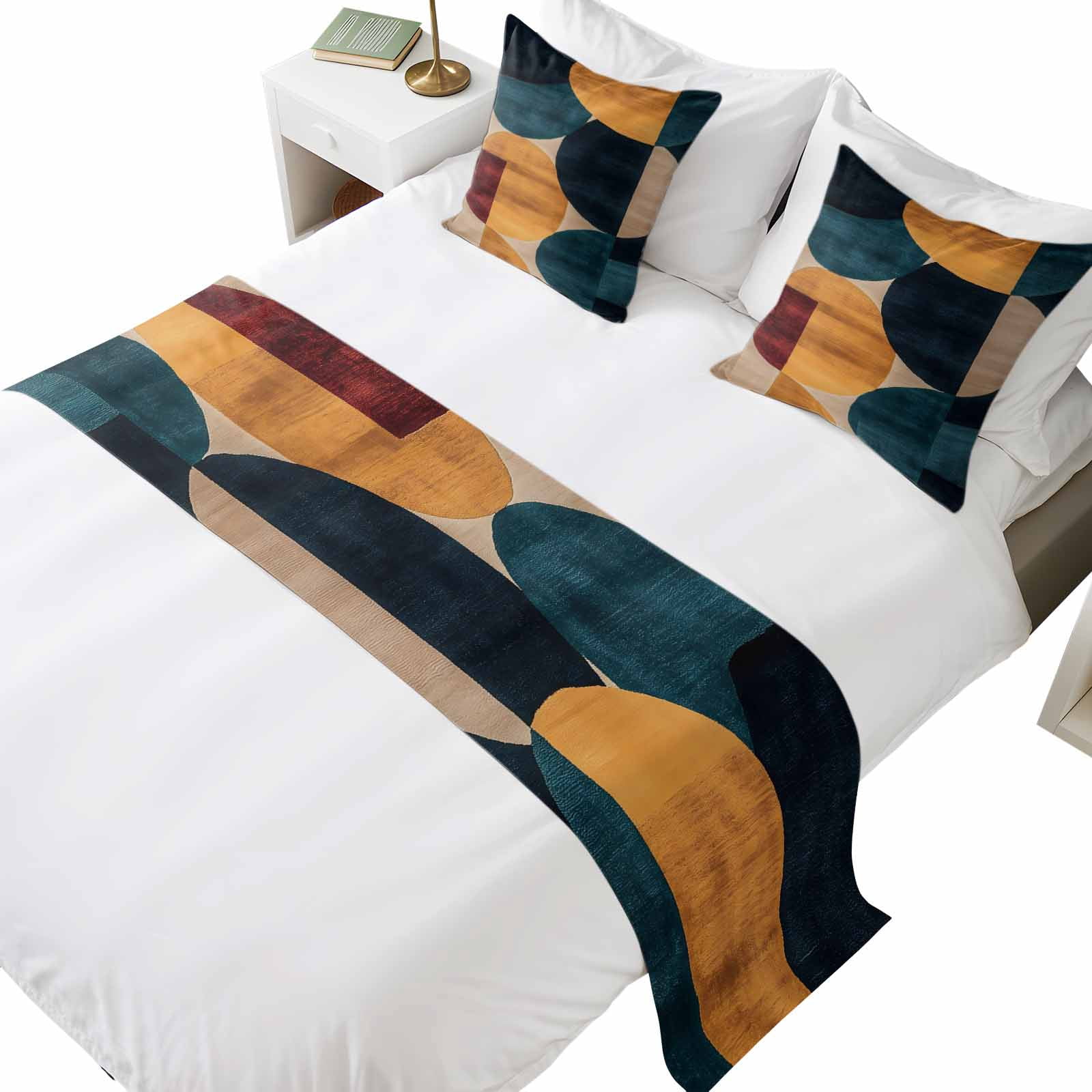 Bed Runner for Cal King Size Bed, Navy Blue Boho Orange 3 Pcs Bedding ...