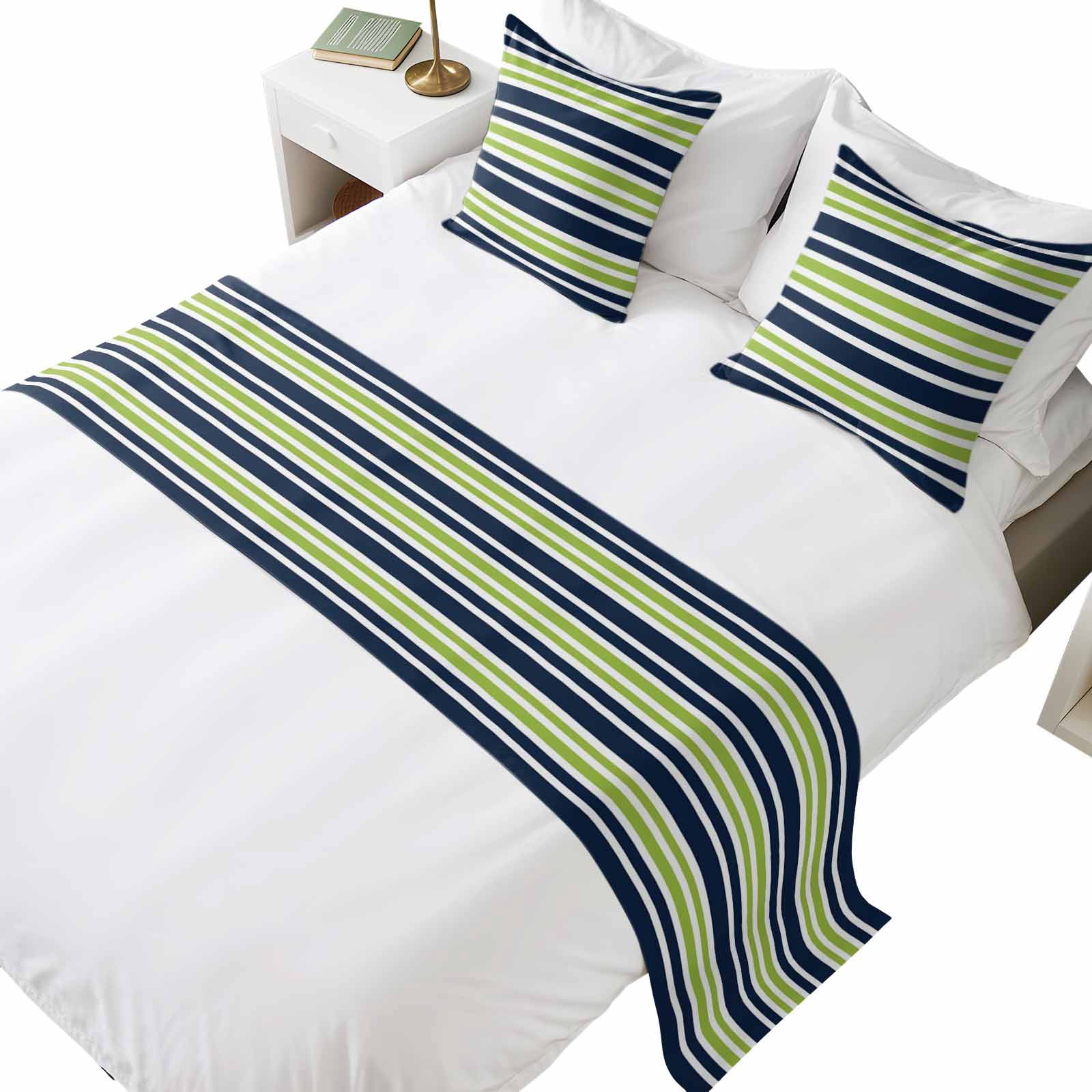 Bed Runner for Cal King Size Bed, Navy Blue Green Striped 3 Pcs Bedding ...