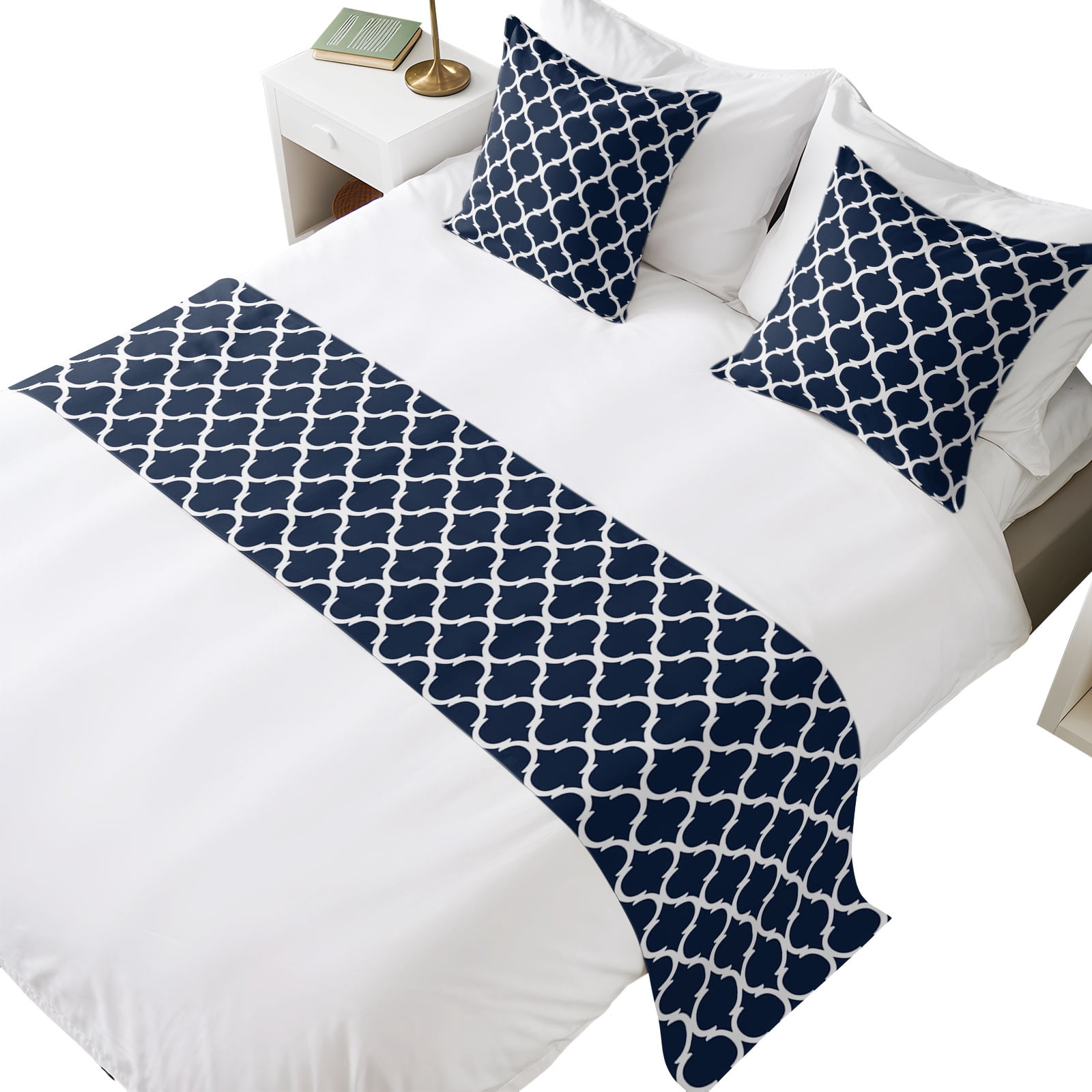 Bed Runner for Cal King Size Bed, Navy Blue Morocco Pattern 3 Pcs ...