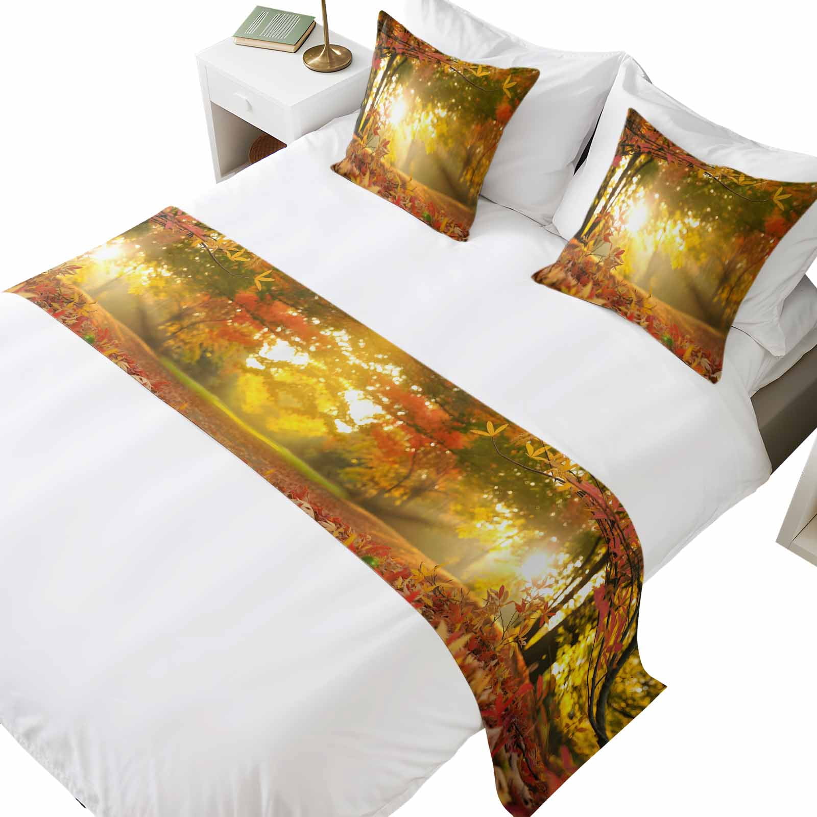 Bed Runner for Cal King Size Bed, Orange Autumn Leaves 3 Pcs Bedding ...